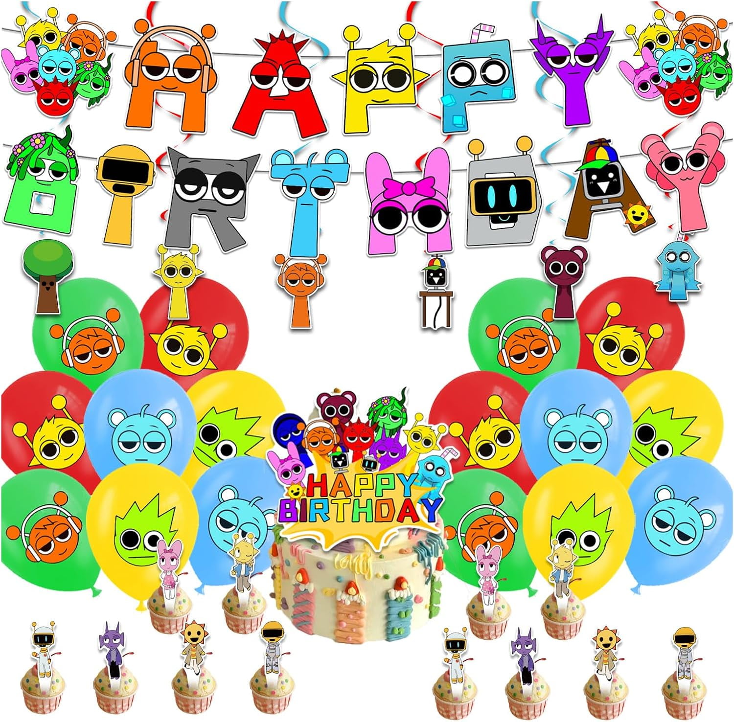 Sprunki Themed Birthday Party Decorations Set - 12 Cake Toppers, 16 ...
