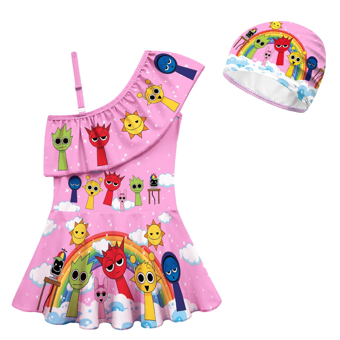 Sprunki girls' summer one-piece camisole swimsuit and swim cap set ...