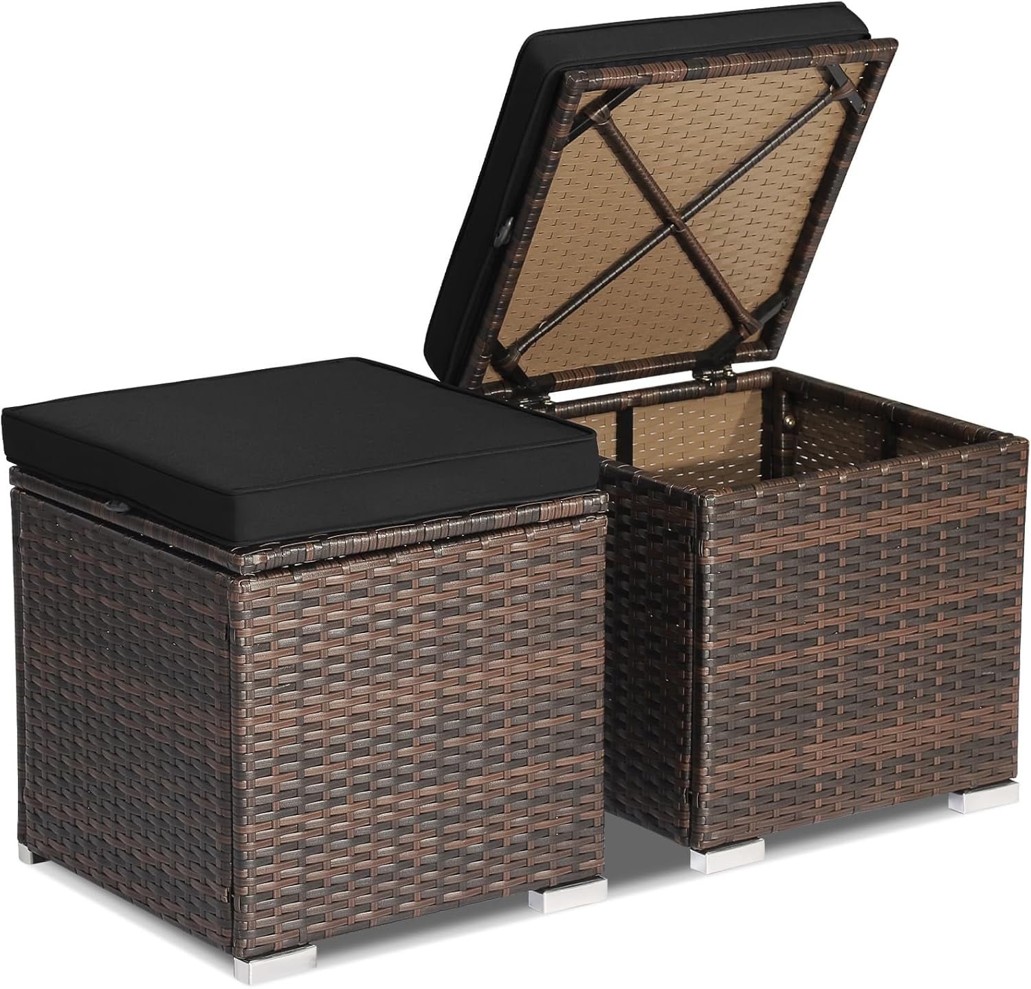 Spthe 2 Pieces Patio Ottomans, Patiojoy Hand-Woven PE Rattan Side Table ...