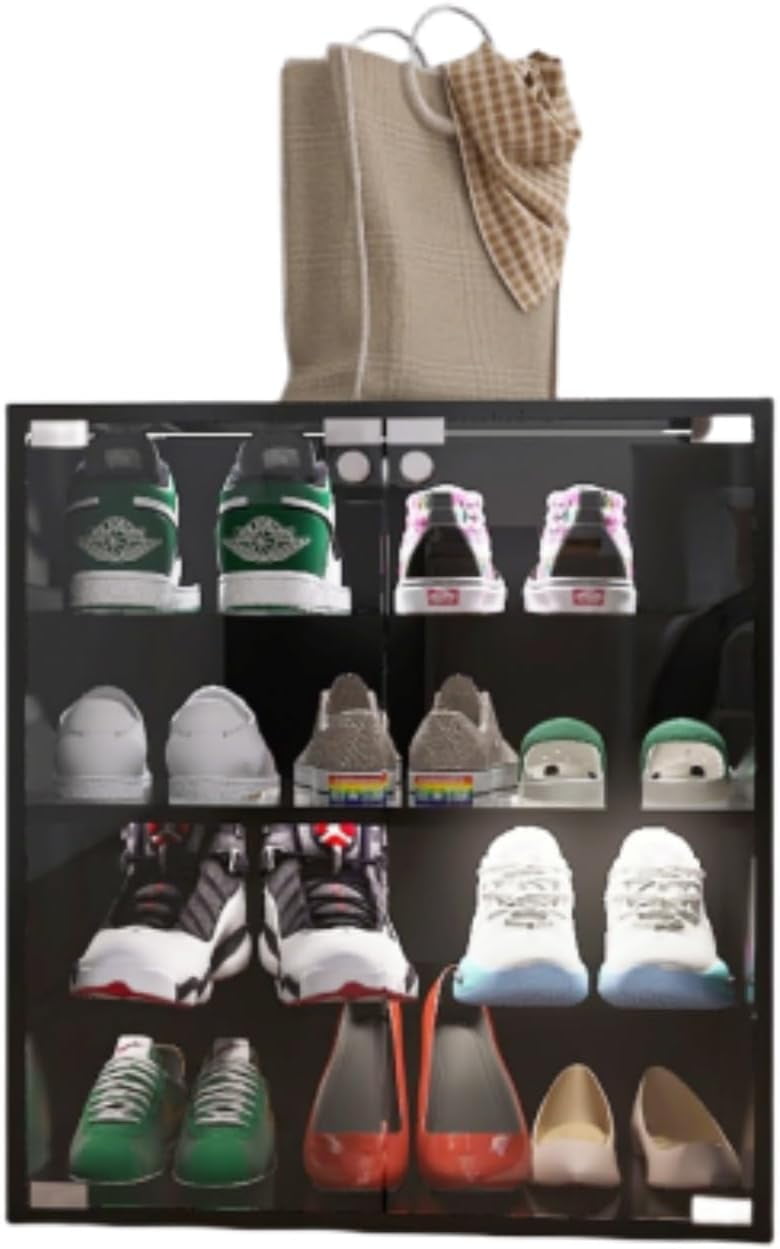 Spthe 4 Layers Black Shoe Cabinet with Glass Door, LED Light Bluetooth ...