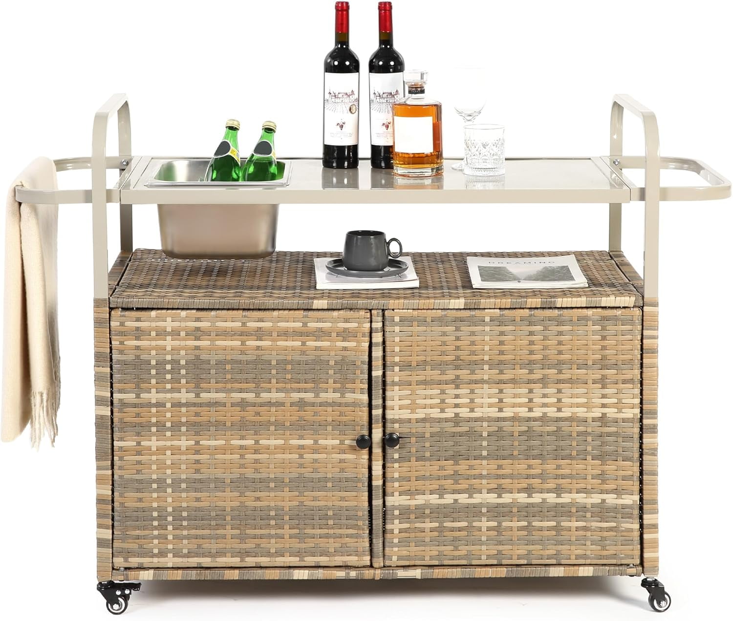 Spthe Outdoor Kitchen Island Wicker Serving Console Cart & Grill Bar ...