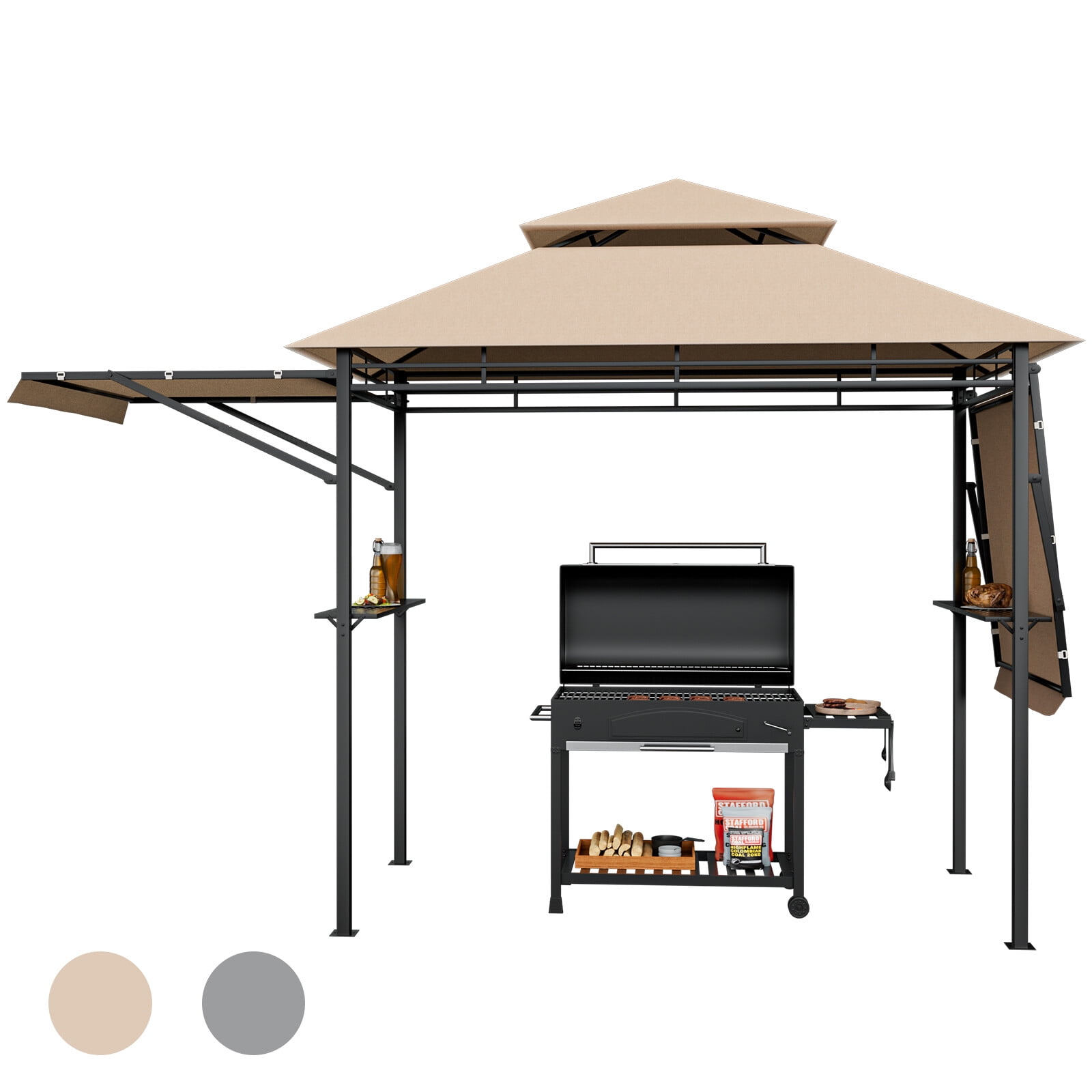Spthe13.5x4 Ft Grill Gazebo with Dual Side Awnings, Double Tiered BBQ Gazebo with 2 Side Shelves ...