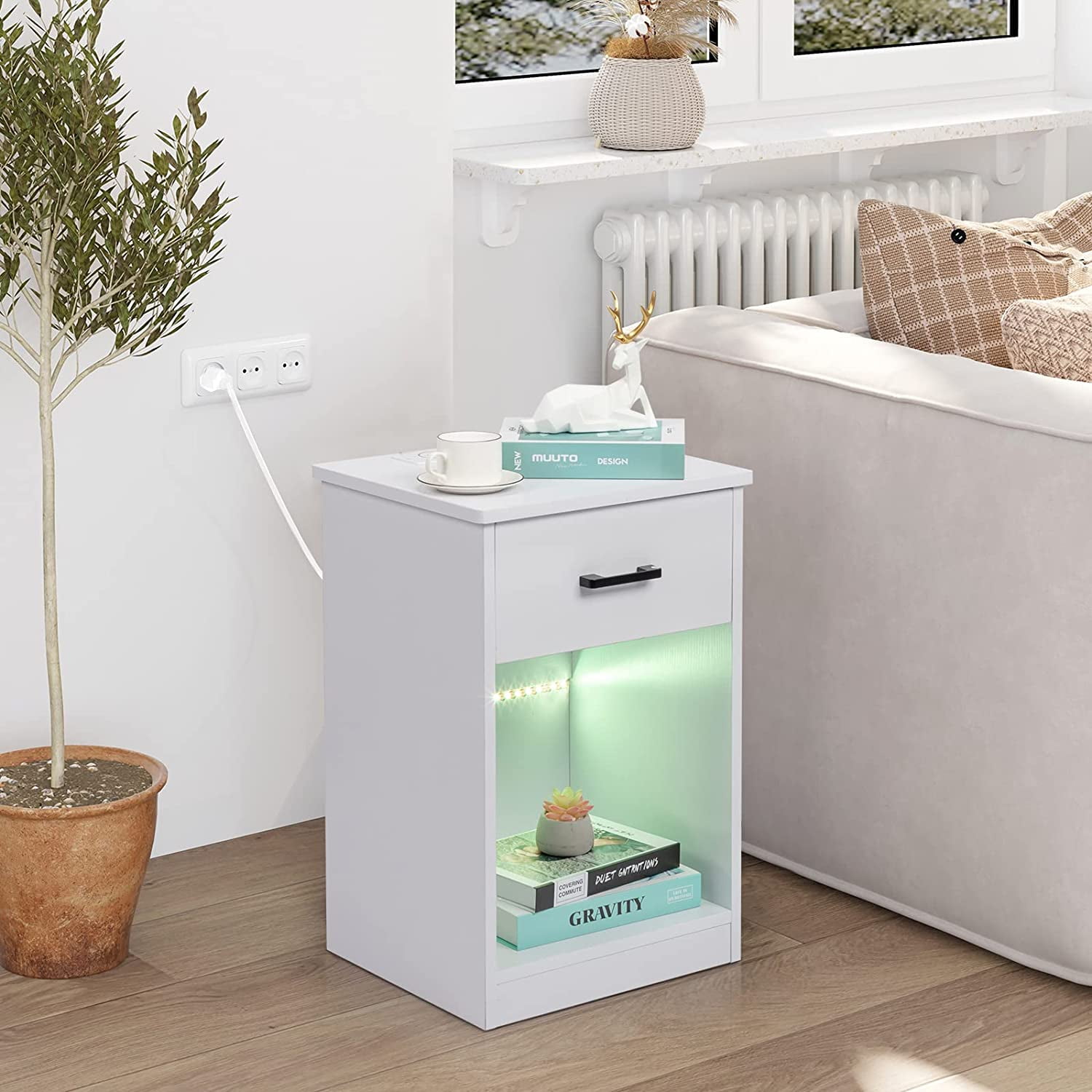 Sptwo Nightstand with Shelf and Drawer,End Side Table,Single Drawer LED ...