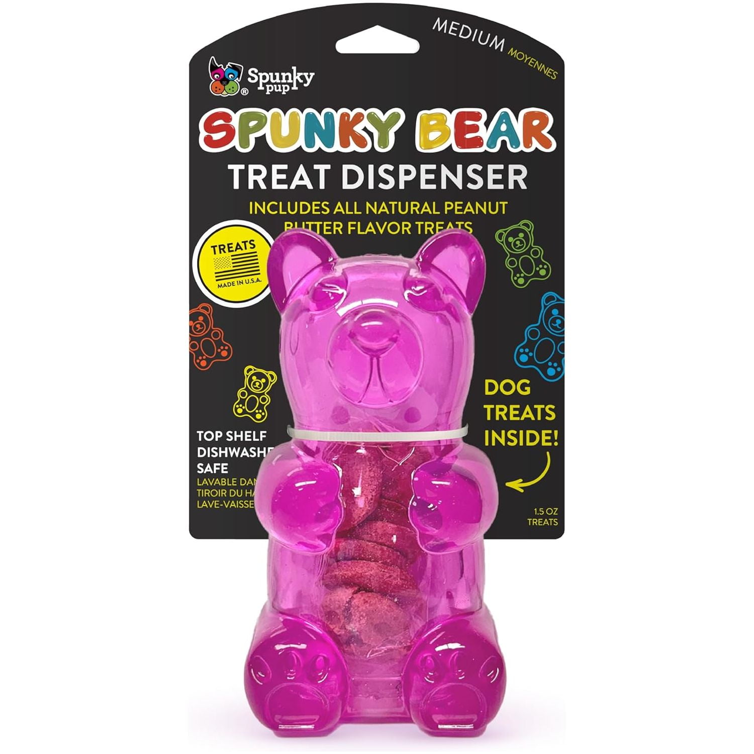 Spunky Pup Gummy Bear Interactive Dog Toy with Treats Included - Assorted Neon Colors- Medium ...