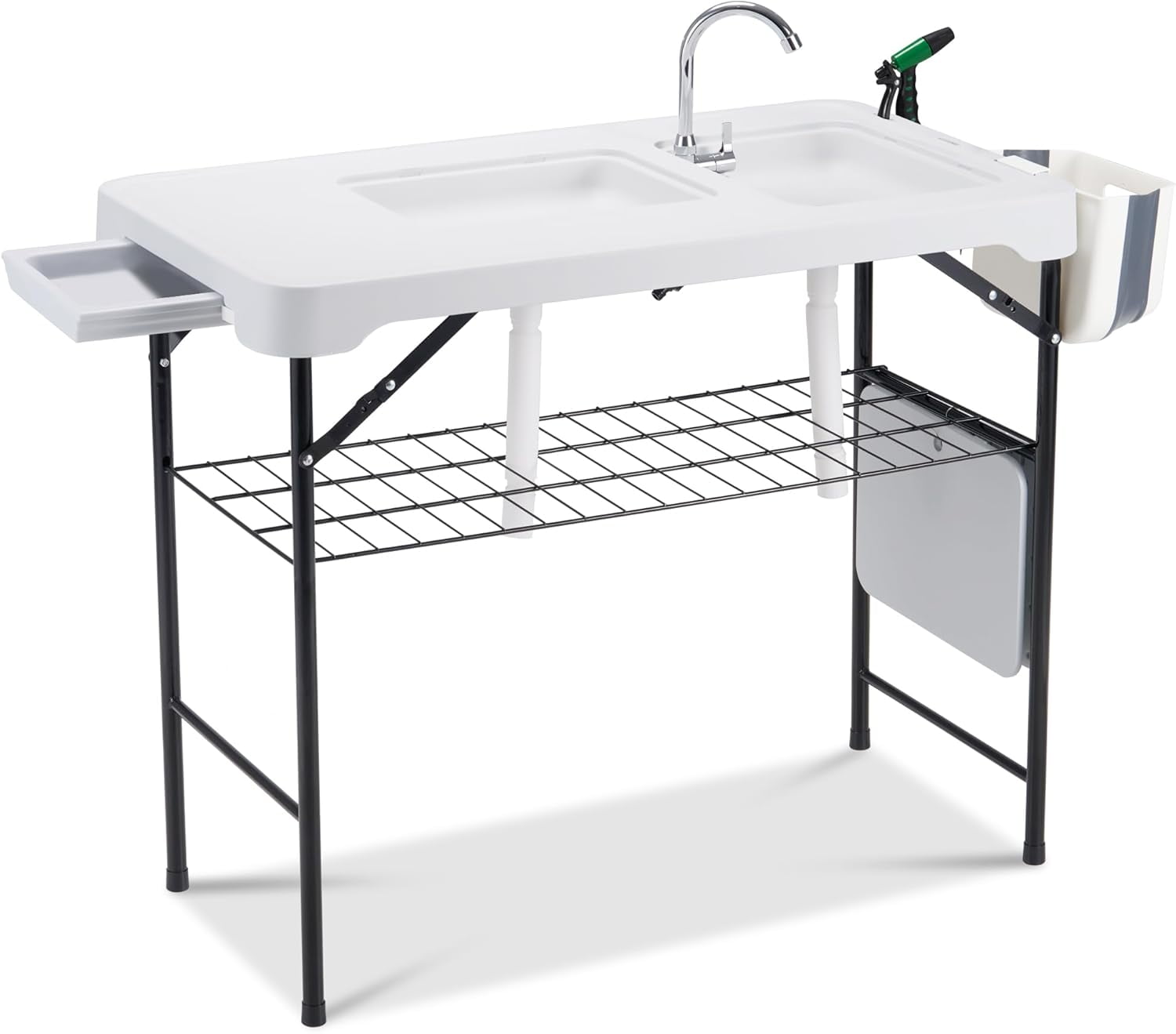 Spurgehom 42'' Outdoor Fish Cleaning Table Portable Camping Sink Station with Double Sinks ...
