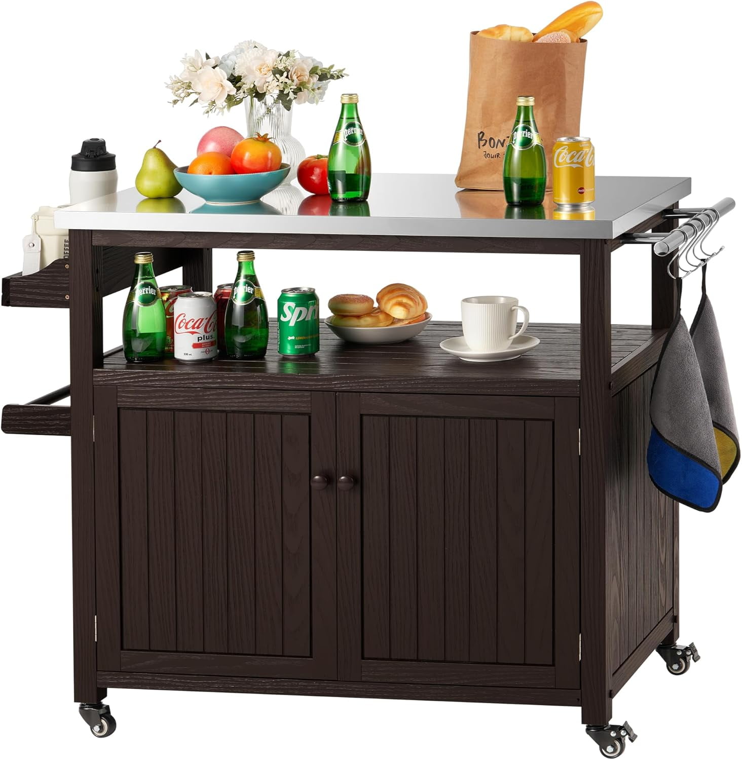 Spurgehom Outdoor Grill Table Solid Wood Storage Cabinet, Rolling Kitchen Island, Movable Bar ...