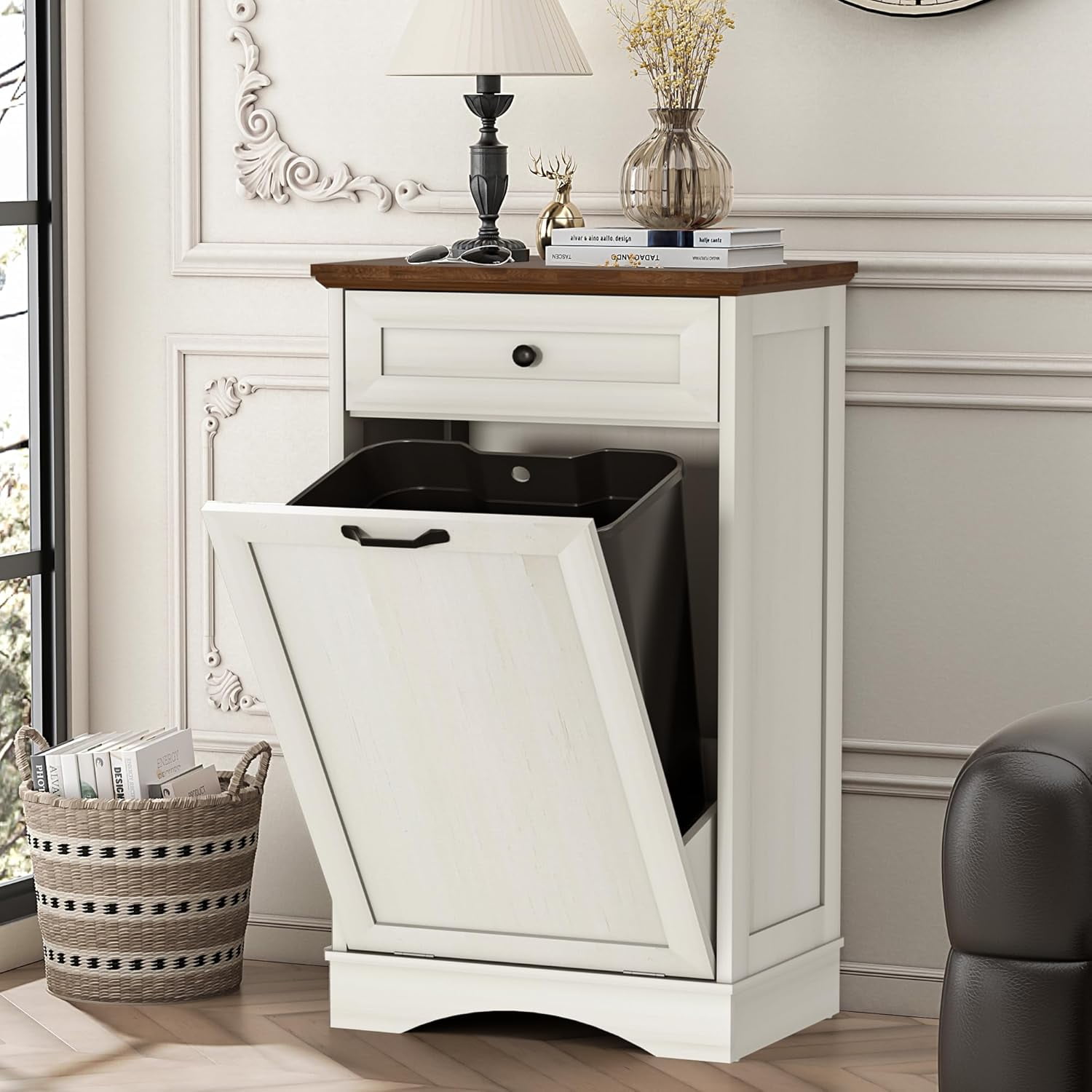 Spurgehom Trash Cabinet,Tilt Out 13 Gallon Wooden FreeStanding Waste ...