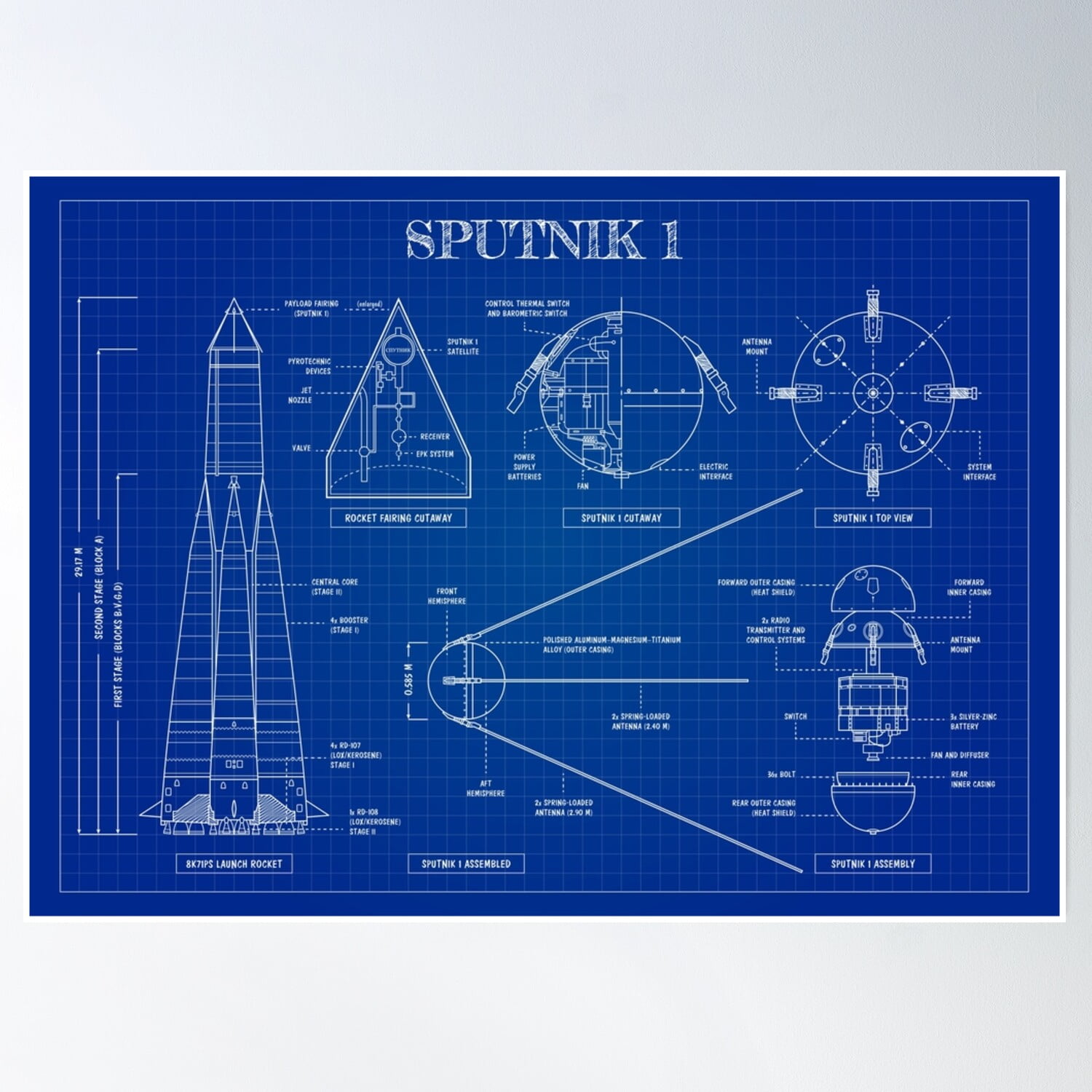 Sputnik 1. Soviet Space Program (Blueprint) Poster Wall Art, Modern ...
