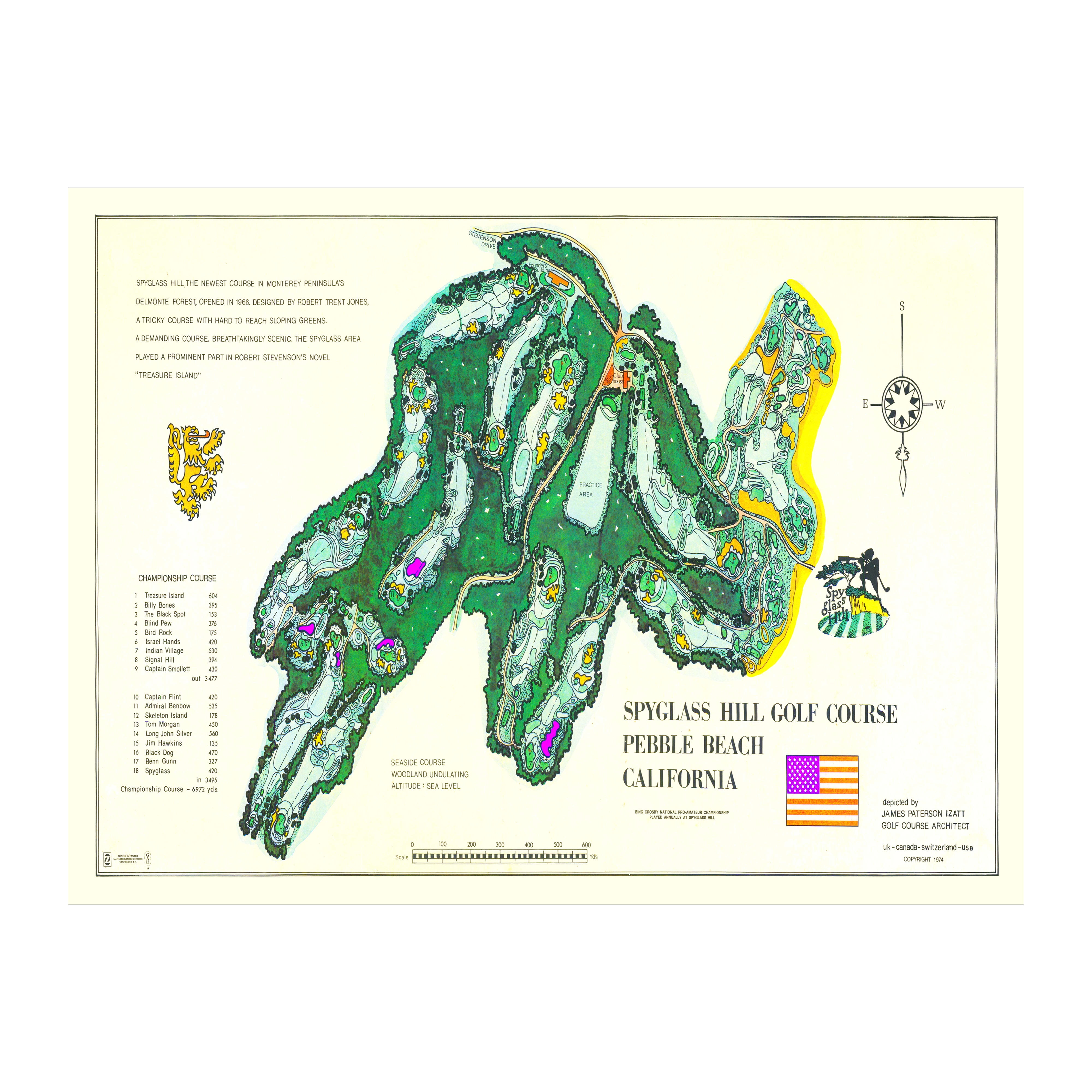 Spyglass Hill Golf Course Art, 1974 Vintage Map of Spyglass Hill Golf ...