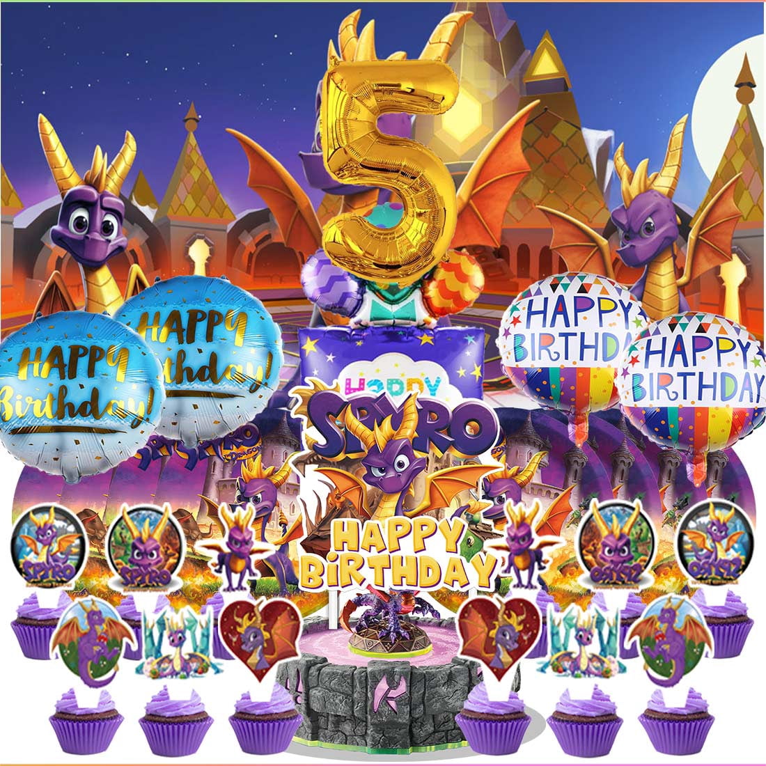 Spyro the dragon 5th Tableware Balloons Cake Toppers Backdrop Banner ...