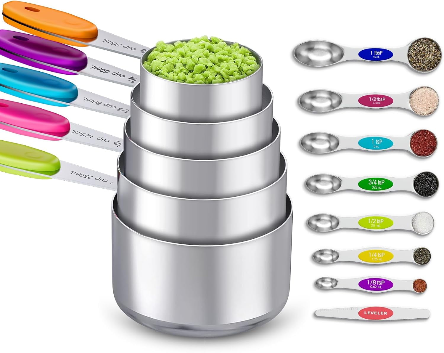 Square 17-Piece Measuring Cups and Magnetic Spoons Set, 8 Stainless Steel Measuring Cups, 8 ...