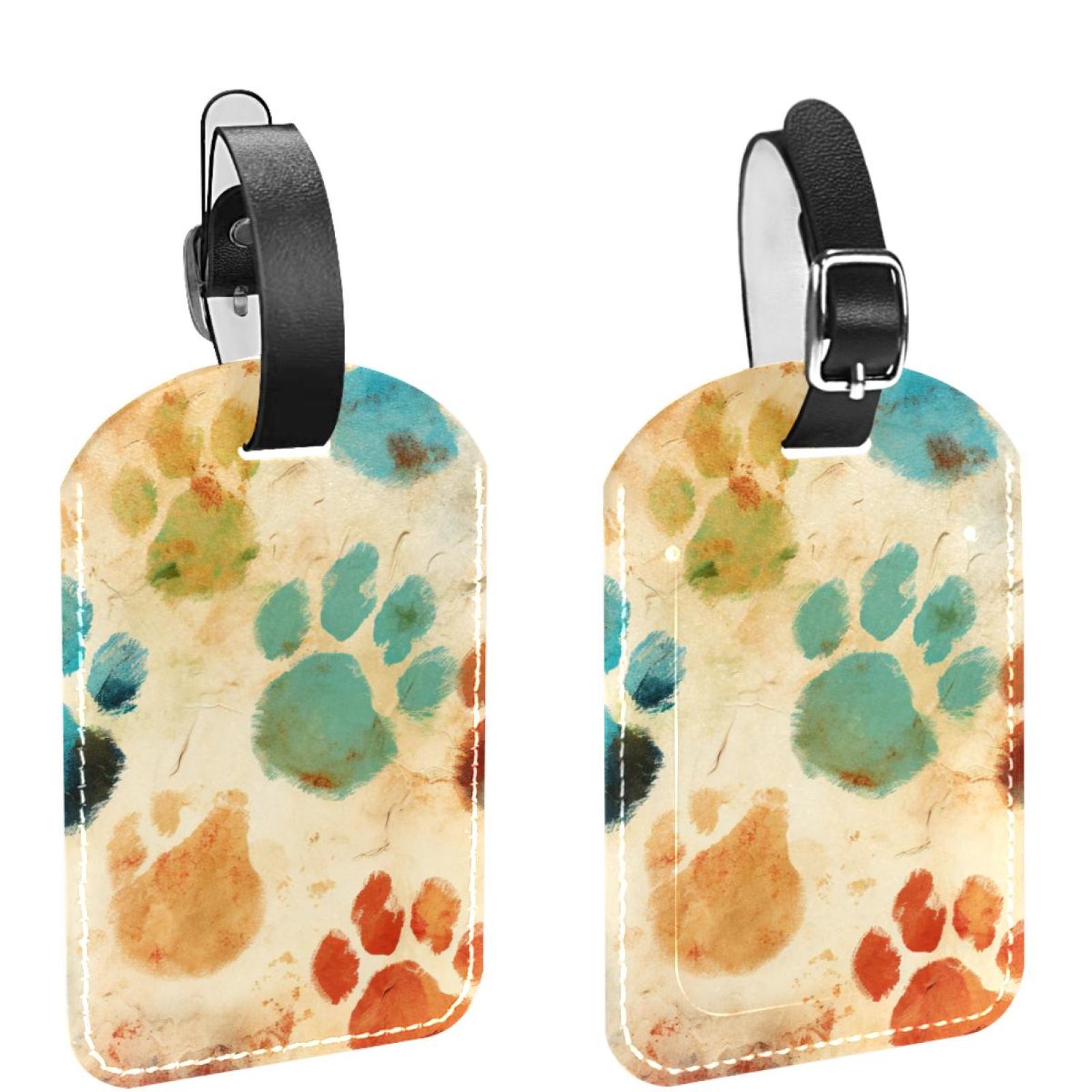 Square 2Pack PU Leather Dog Paw Prints Cruise Luggage Tag with Privacy Cover and Name ID Tag for ...