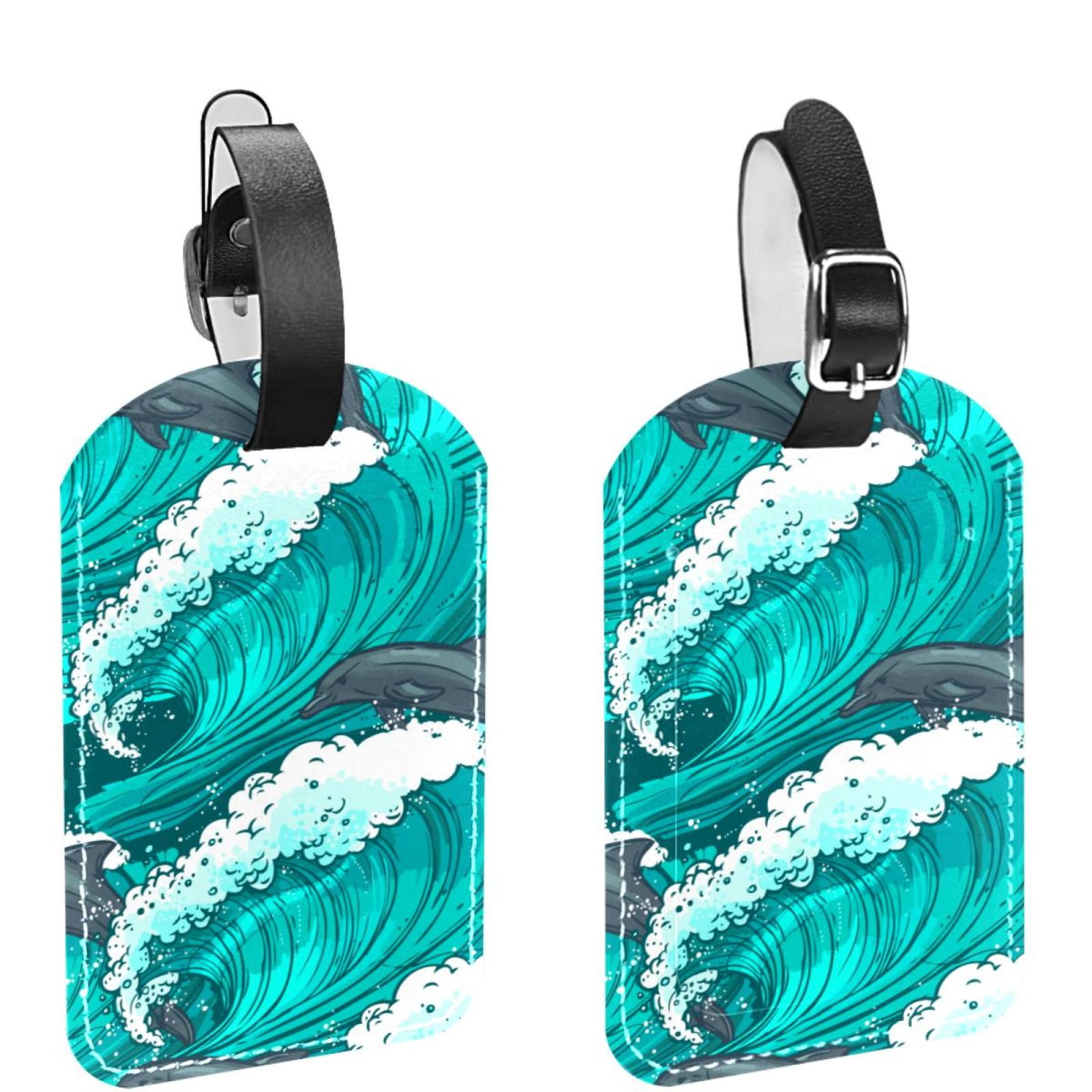 Square 2Pack PU Leather Dolphins Blue Sea Waves Cruise Luggage Tag with ...