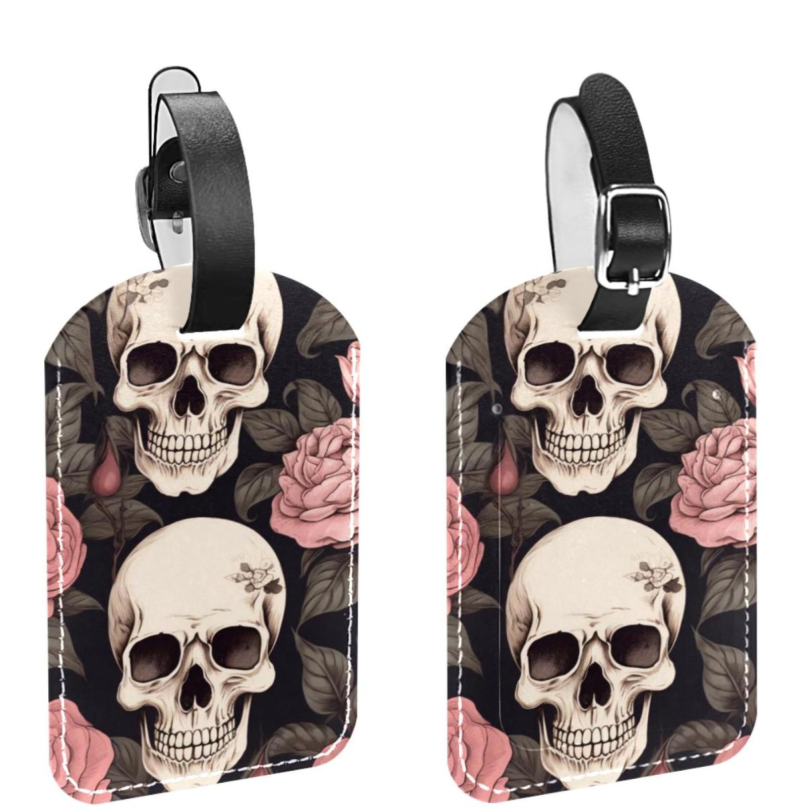 Square 2Pack PU Leather Roses and Skull Cruise Luggage Tag with Privacy Cover and Name ID Tag ...