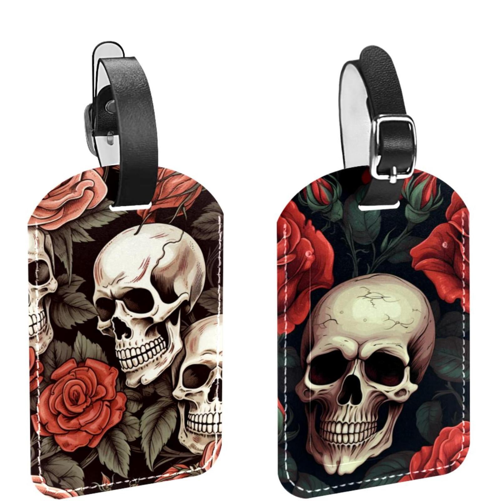 Square 2Pack PU Leather Roses and Skull Cruise Luggage Tag with Privacy Cover and Name ID Tag ...