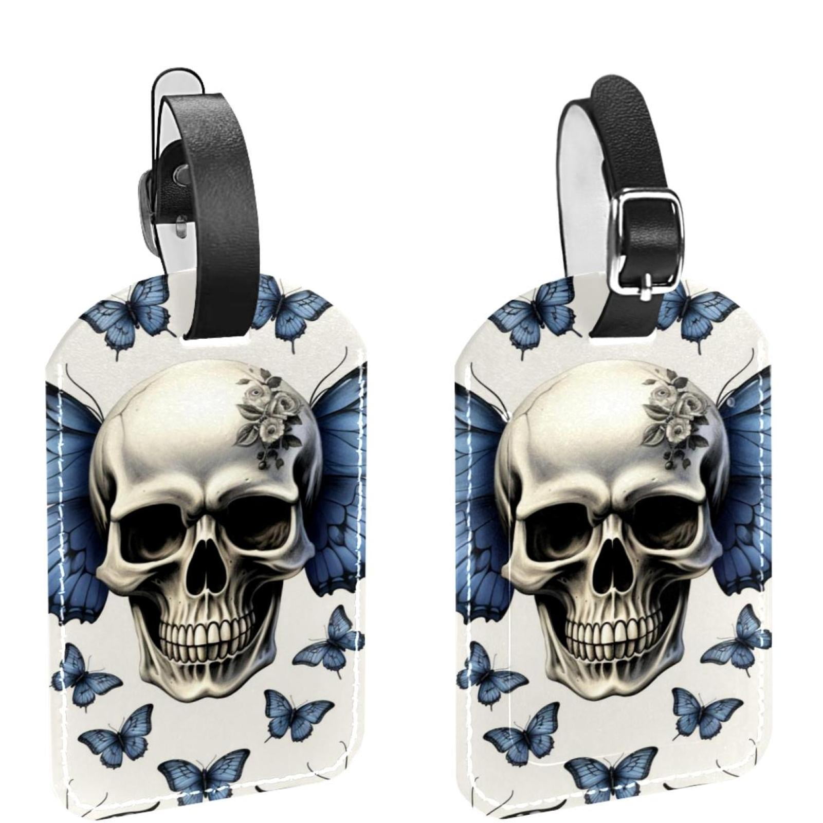 Square 2Pack PU Leather Skull Butterfly Cruise Luggage Tag with Privacy Cover and Name ID Tag ...