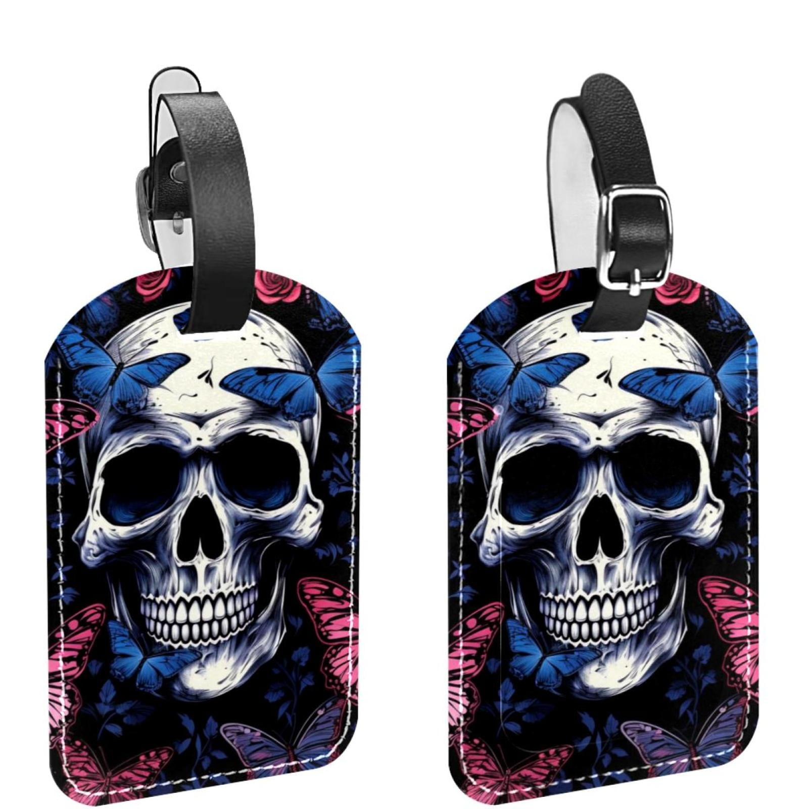Square 2Pack PU Leather Skull Butterfly Cruise Luggage Tag with Privacy Cover and Name ID Tag ...