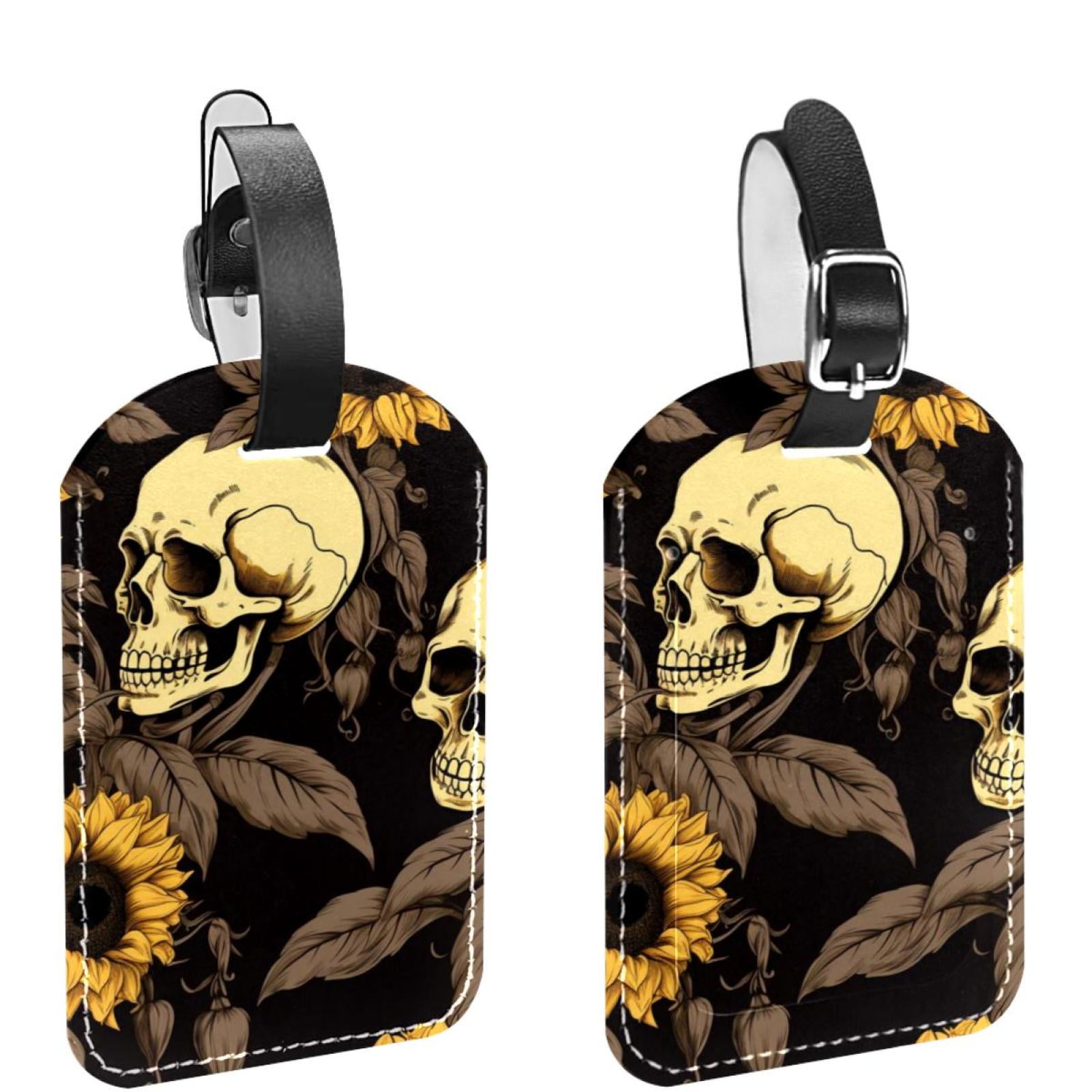 Square 2Pack PU Leather Sunflower Skull Cruise Luggage Tag with Privacy Cover and Name ID Tag ...