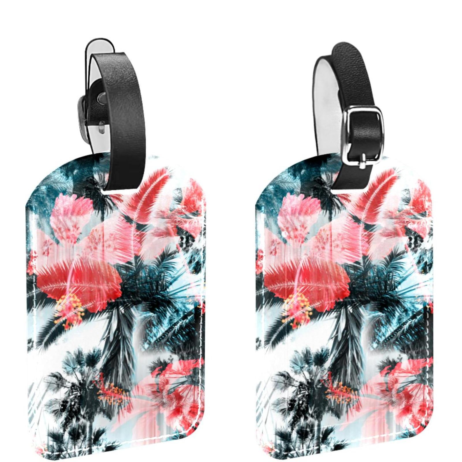 Square 2Pack PU Leather Tropical Palm Trees Hibiscus Cruise Luggage Tag ...