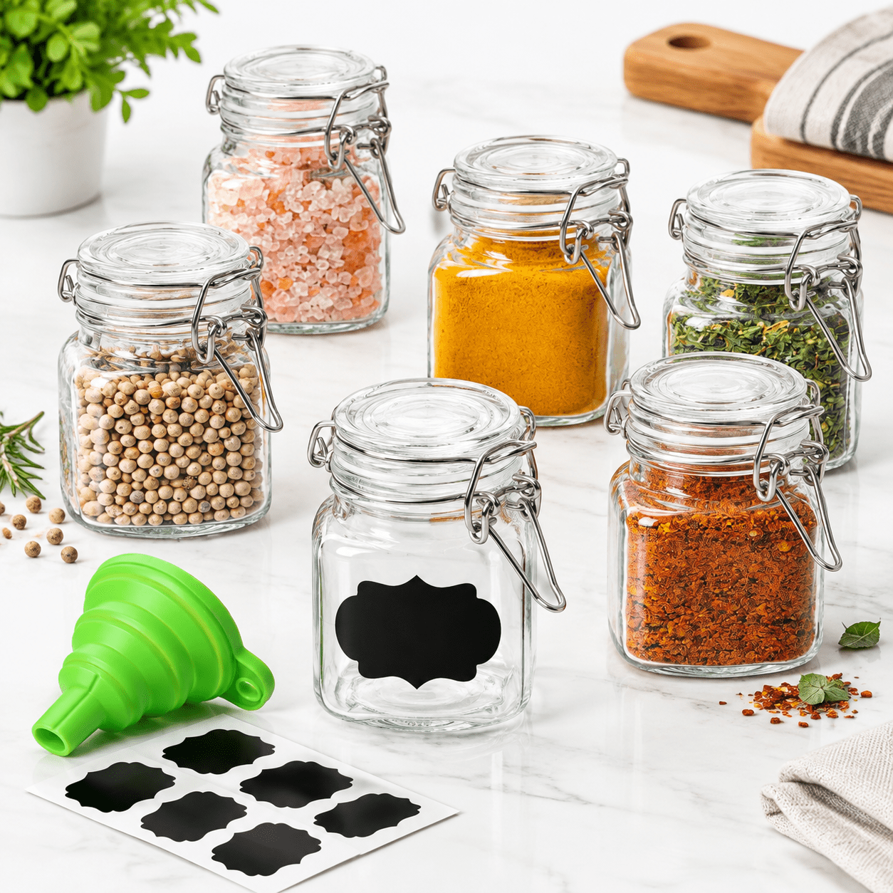 Square 4 fl oz x 6 Glass Spice Jars with Airtight Lids Pantry Storage ...