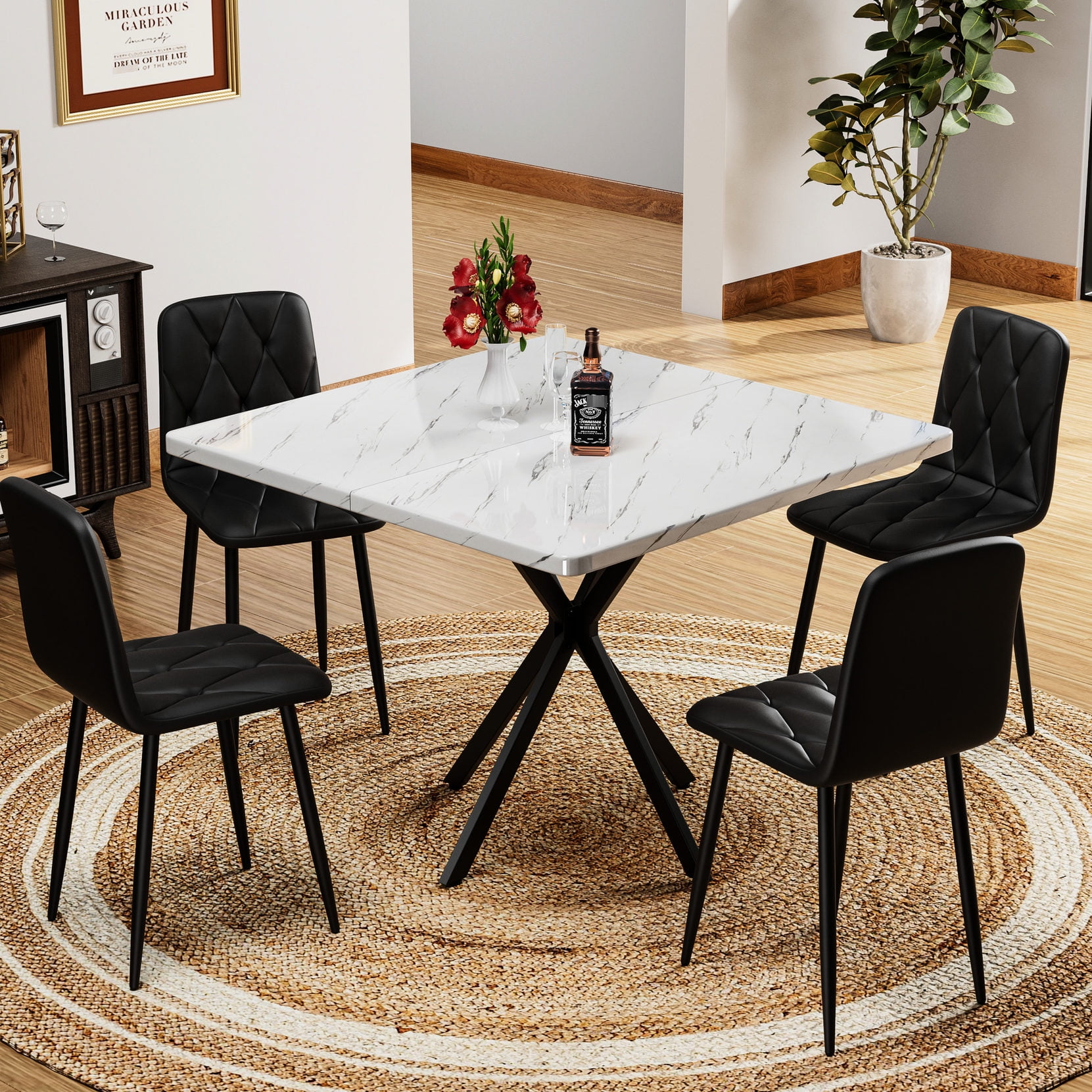 Square 5-Piece Dining Set for 4 | Faux Marble Tabletop, Armless Chairs ...