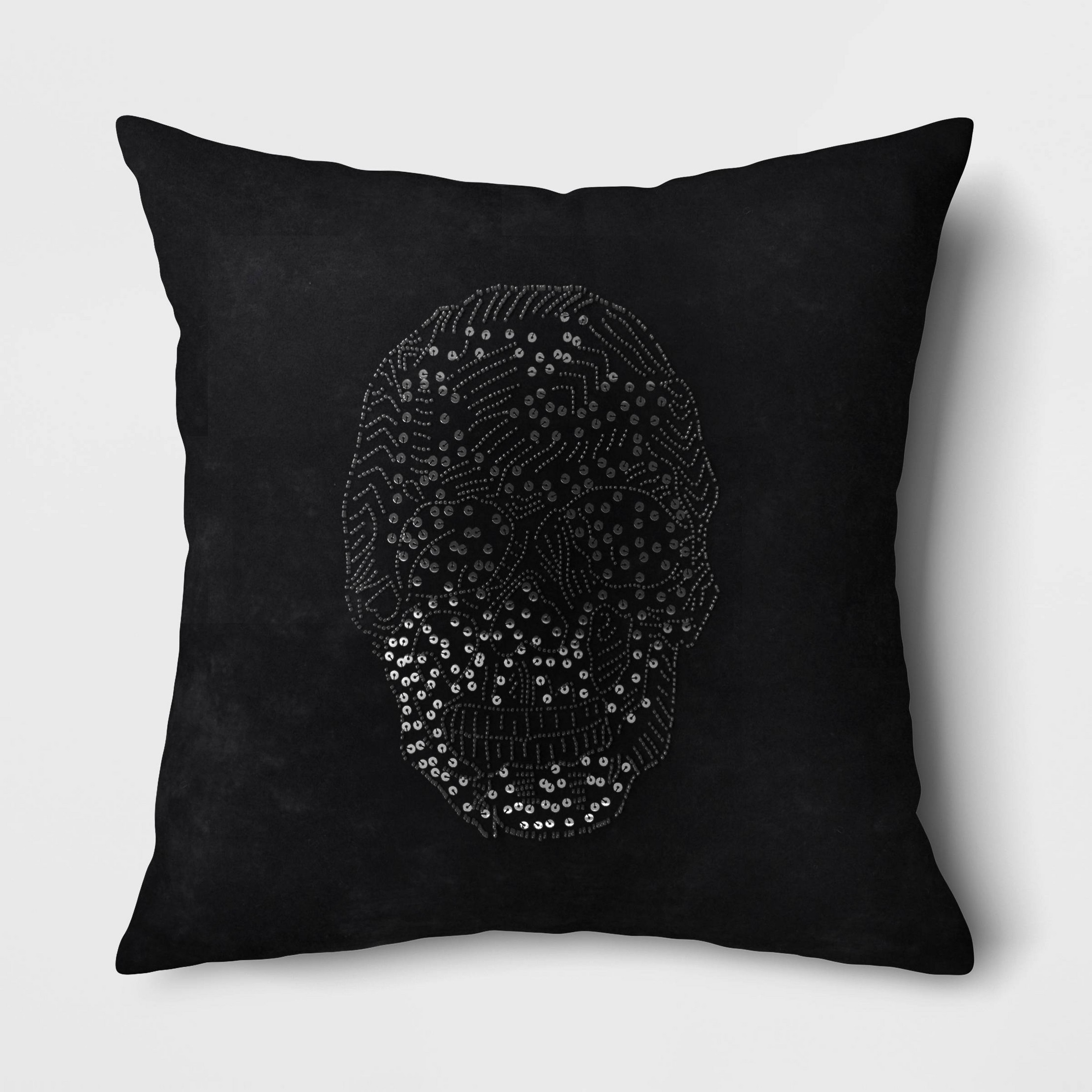 Square Beaded Skull Velvet Throw Pillow Black: Halloween Decor, Indoor ...
