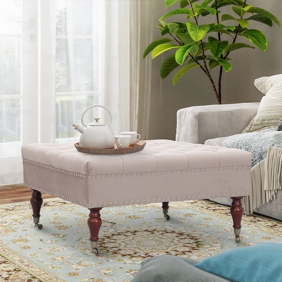 Square Beige Velvet Tufted Upholstered Cocktail Ottoman with Wheels ...