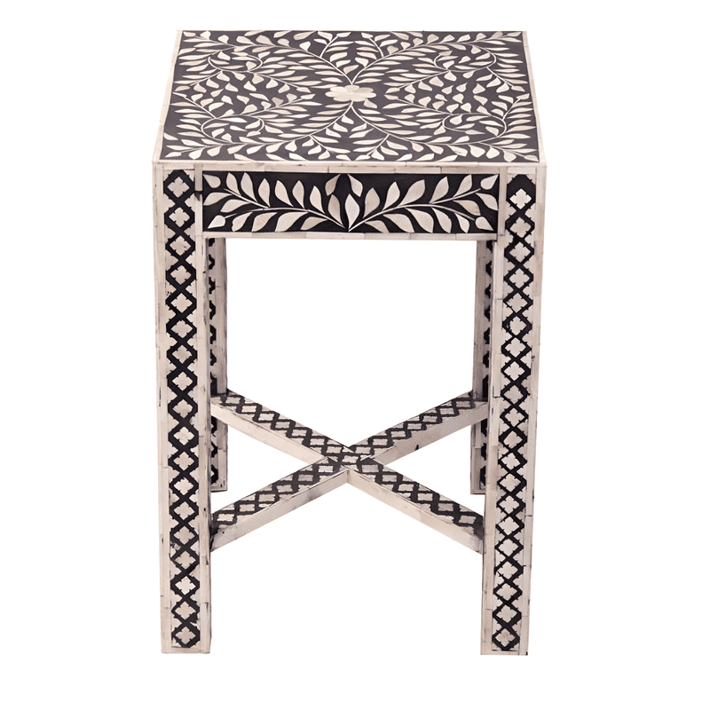 Square Bone Inlay End Table – Black & White Floral Top with Diamond ...