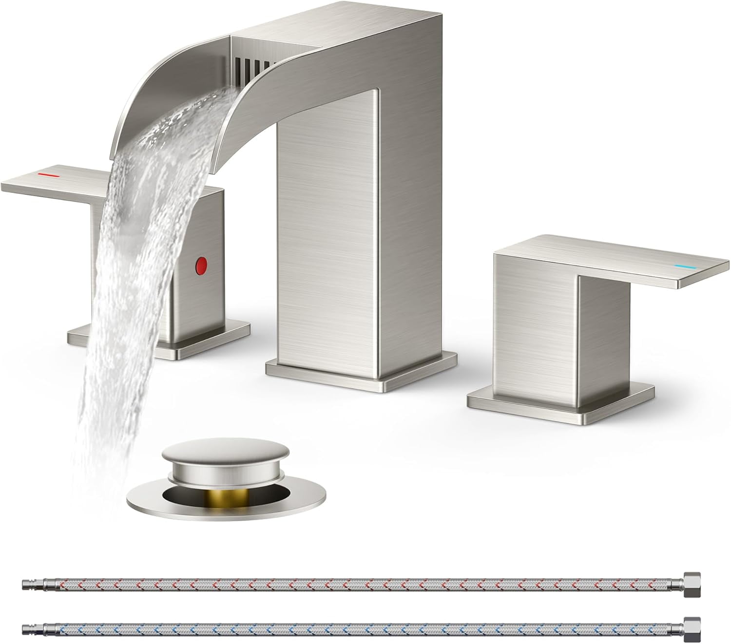 Square Brushed Nickel Bathroom Faucets 3 Hole, Waterfall 8 Inch ...