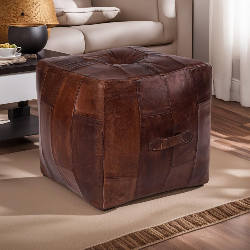 Square Buffalo Leather Handmade Eco-Friendly Brown Pouf - Square Pouf ...