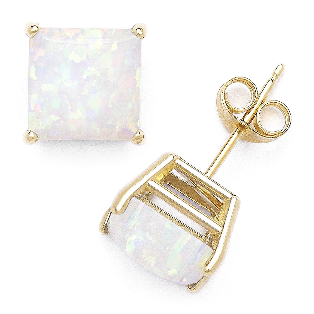 Square Cabochon Fiery White Opal Stud Earrings in Solid 14k Yellow Gold ...