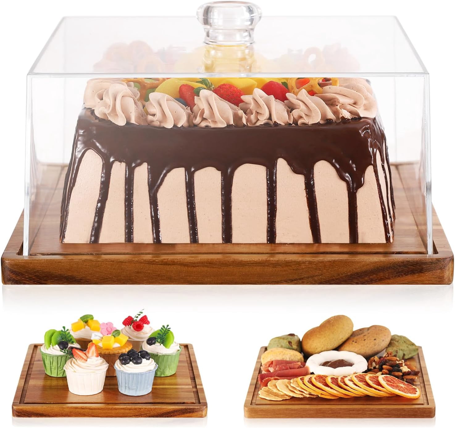 Square Cake Stand, Acacia Wood Cake Holder with Dome, Square Dessert ...