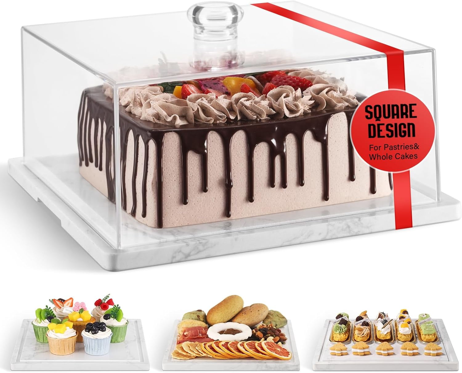 Square Cake Stand with Dome，Marble Cake Plate with Acrylic Lid，Dessert ...