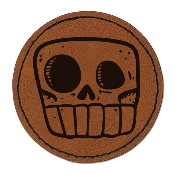 Square Cartoon Skull Skeleton Bones Round Iron-On Engraved Faux Leather ...