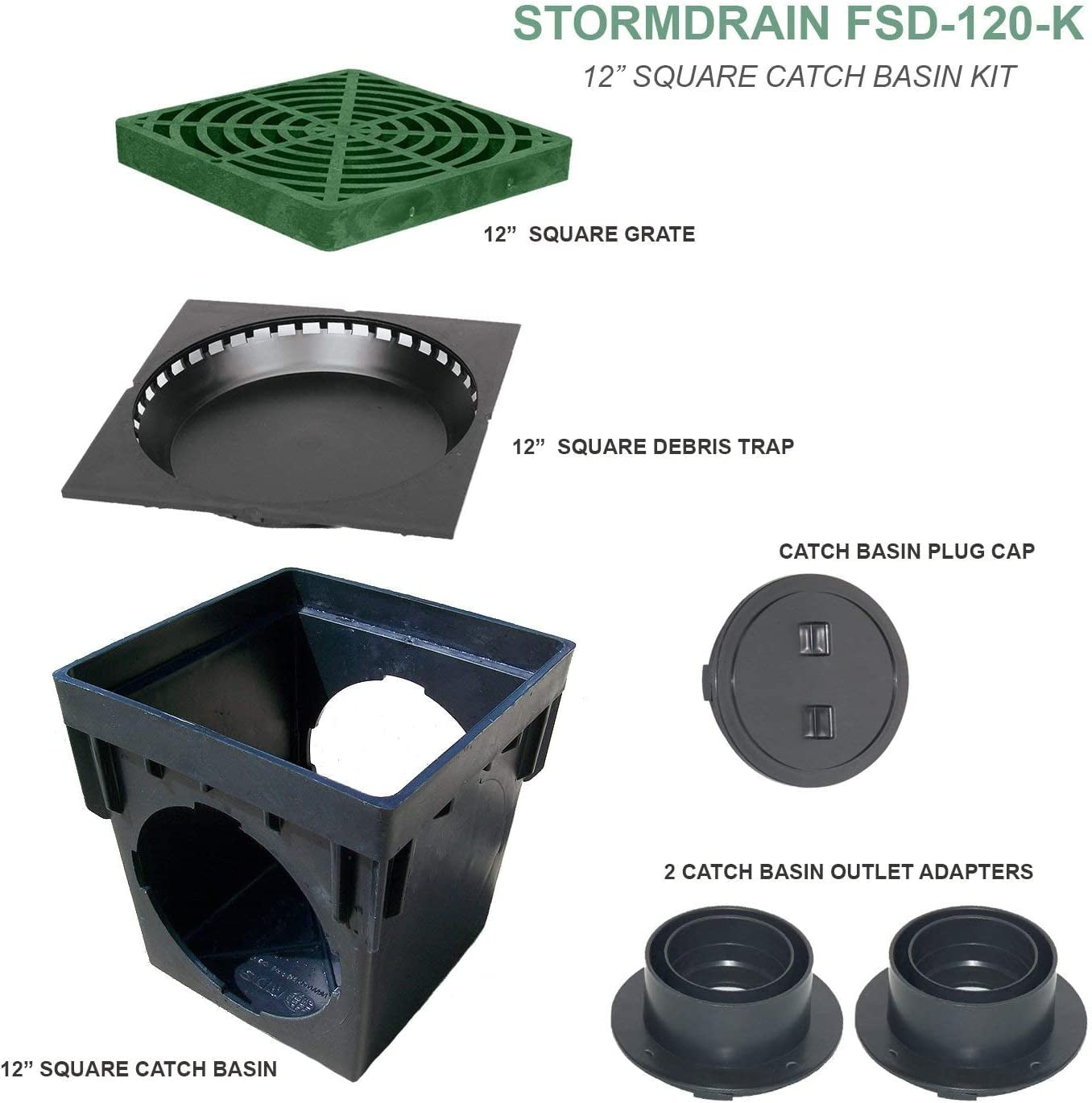 Square Catch Basin Yard Drainage Kit with Debris Trap Green Grate ...