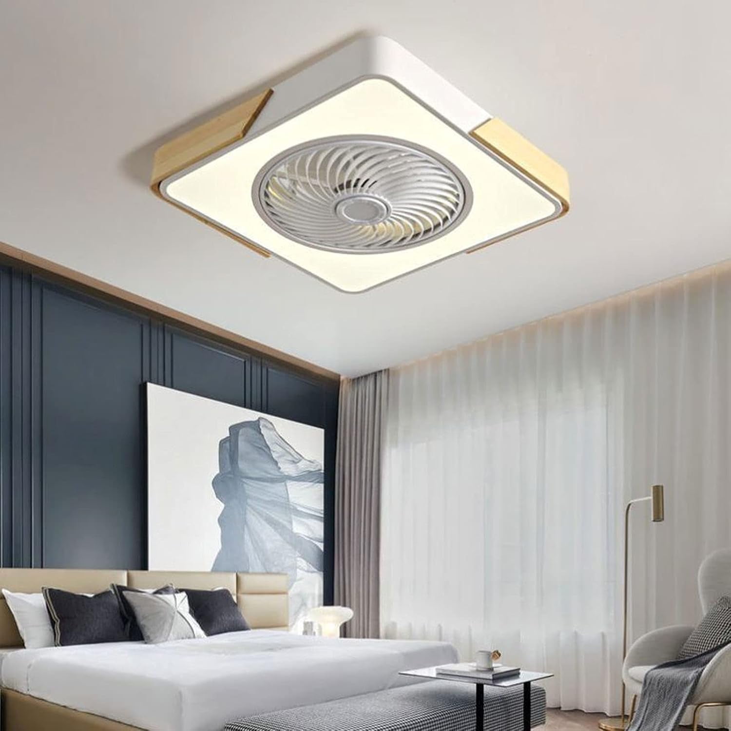 Square Ceiling Fan with Light, Remote Control LED 3 Lighting Modes, 3 Wind Speeds, Semi Flush ...