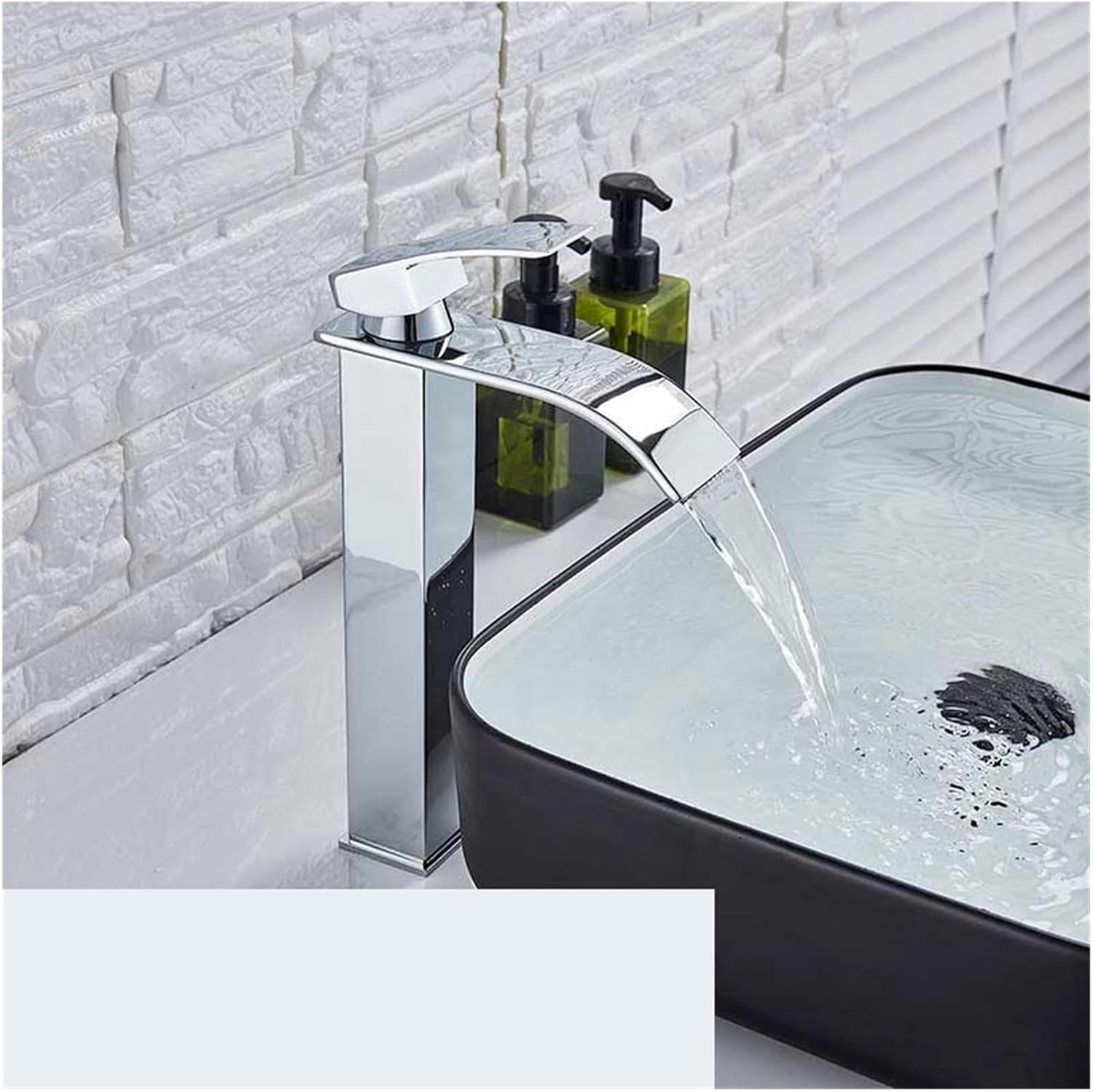 Square Chrome and Black Waterfall Basin Sink Faucet Bathroom Mixer Tap ...
