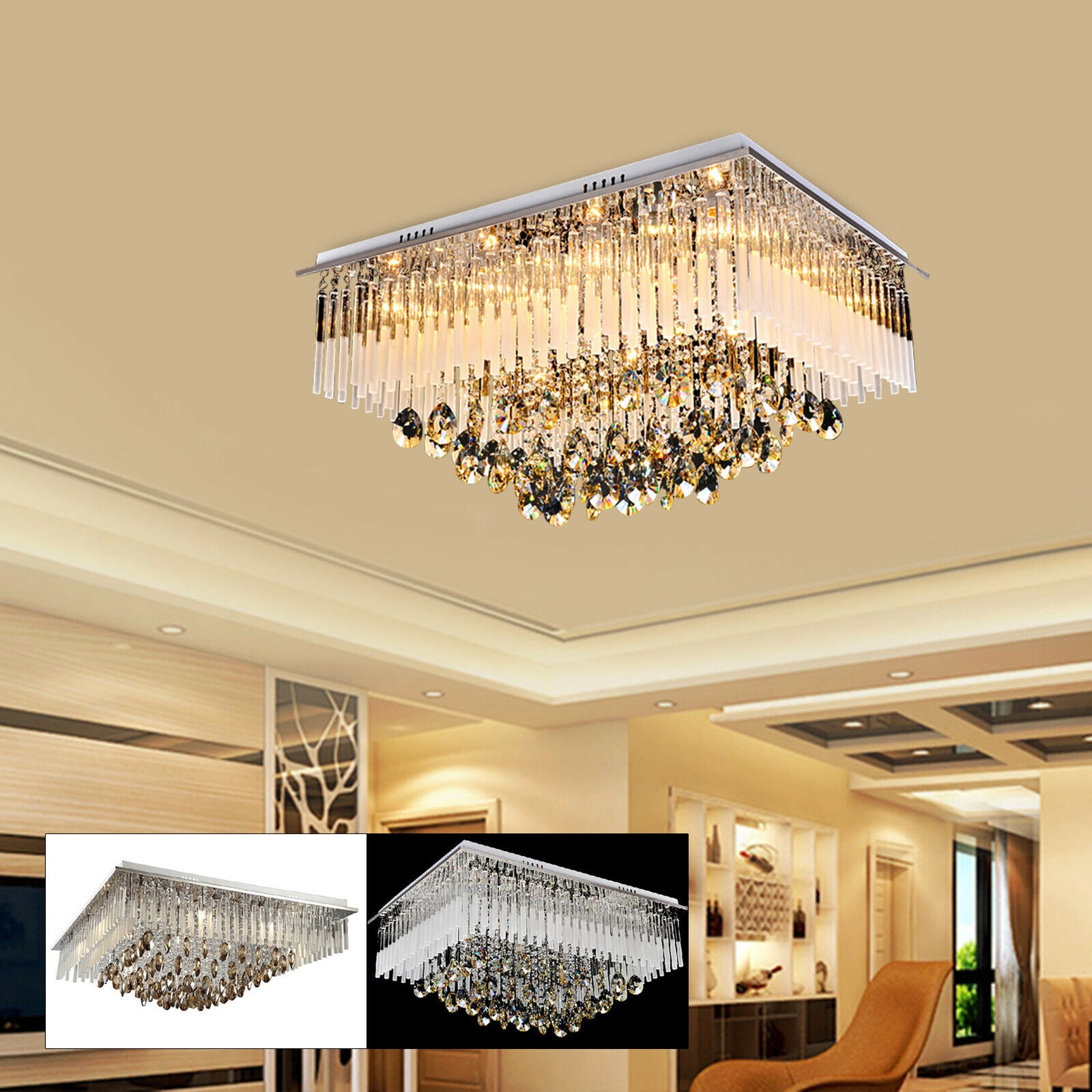 Square Clear Crystal Chandelier,Dimmable Temperature Adjustable Crystal LED Ceiling Square Light ...