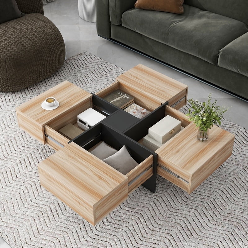 Square Cocktail Table,Unique Design Coffee Table with 4 Hidden Storage ...