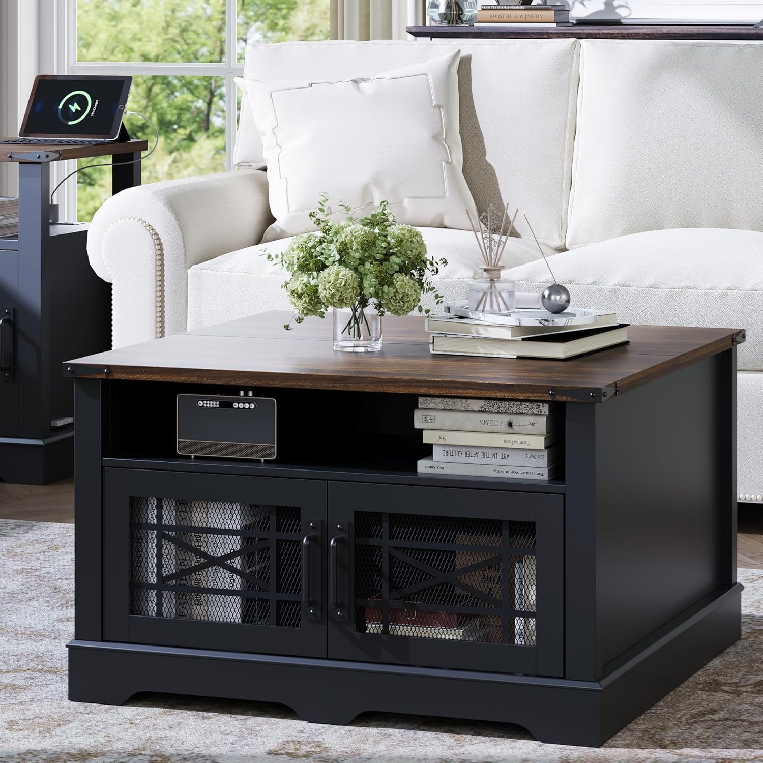 Square Coffee Table, Farmhouse Coffee Tables for Living Room, Wood Coffee Table with Storage ...