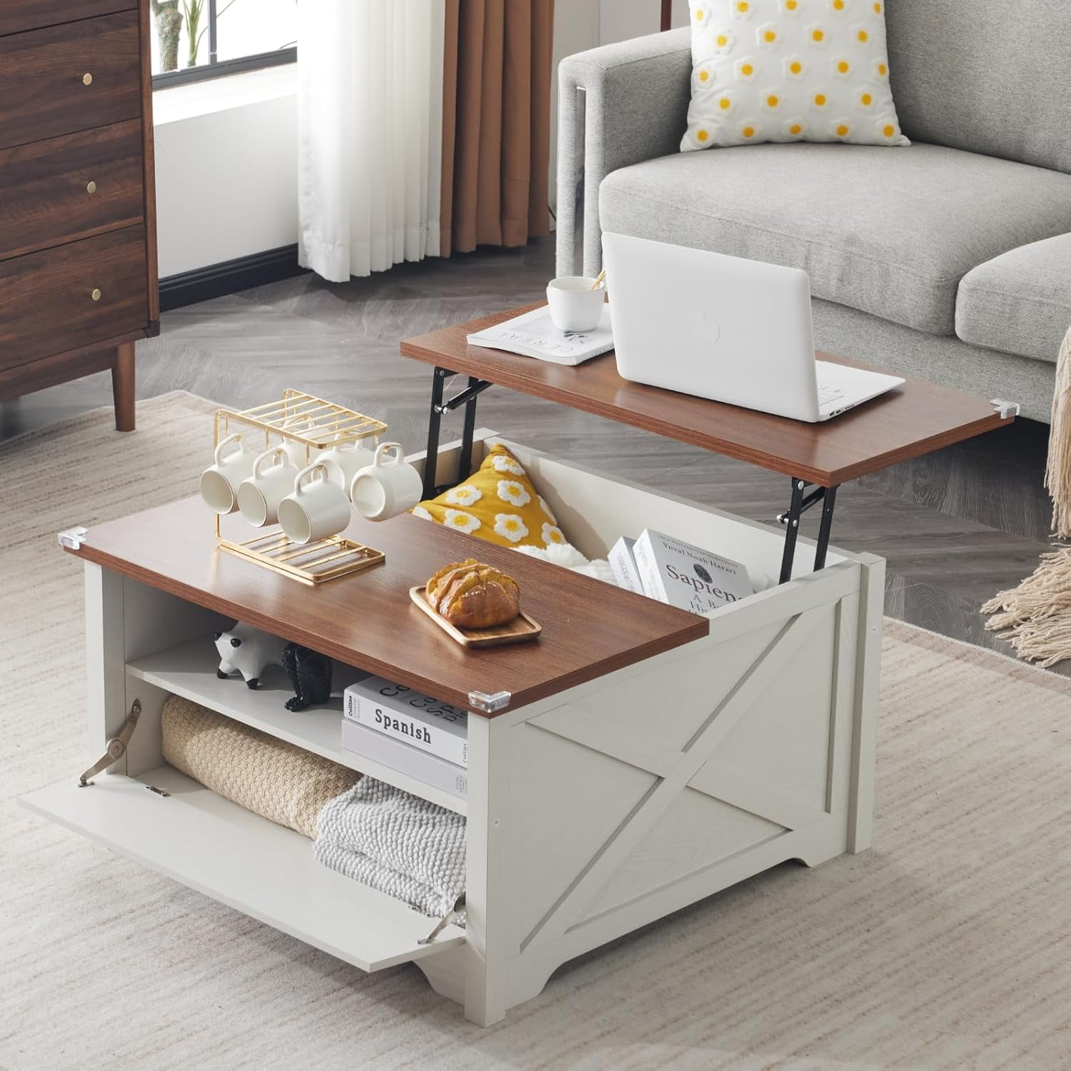 Square Coffee Table with Storage, Farmhouse Coffee Table with Lifting ...