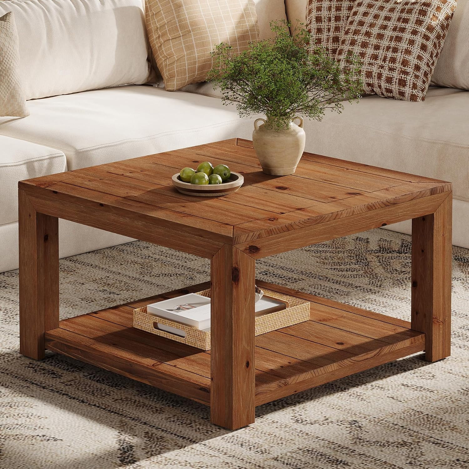 Square Coffee Table with Storage & Fluted Panel, 31.5-inch Solid Wood ...