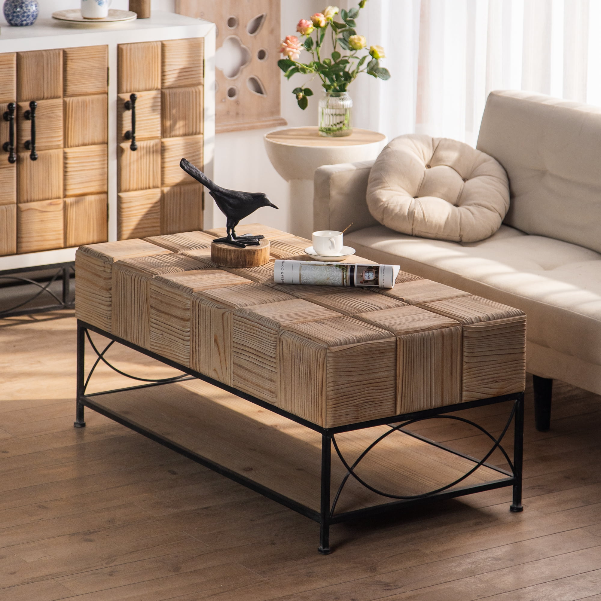 Square Coffee Table With 2 Drawers, Pine Wood Countertop, Metal Legs ...