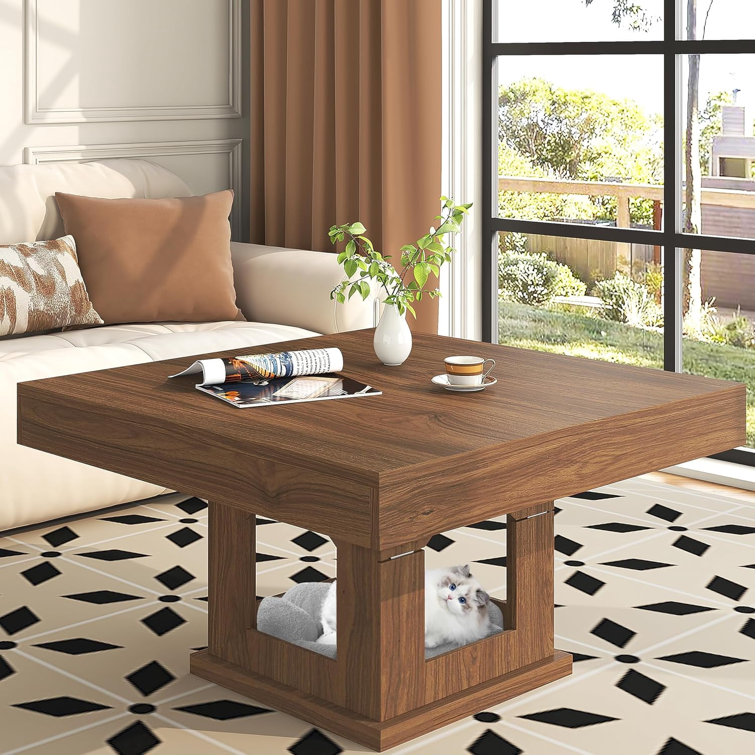 Square Coffee Table, Wooden Coffee Table with Storage and Cat House ...