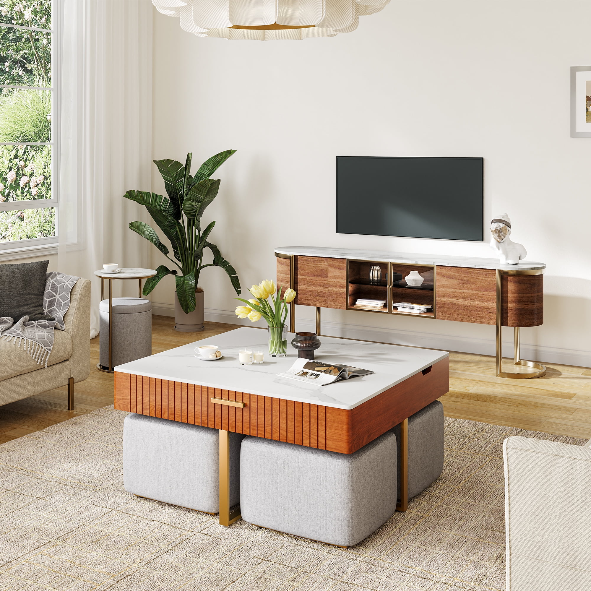 Square Coffee Table with 4 Stools Set Underneath White Marble Lift Top ...