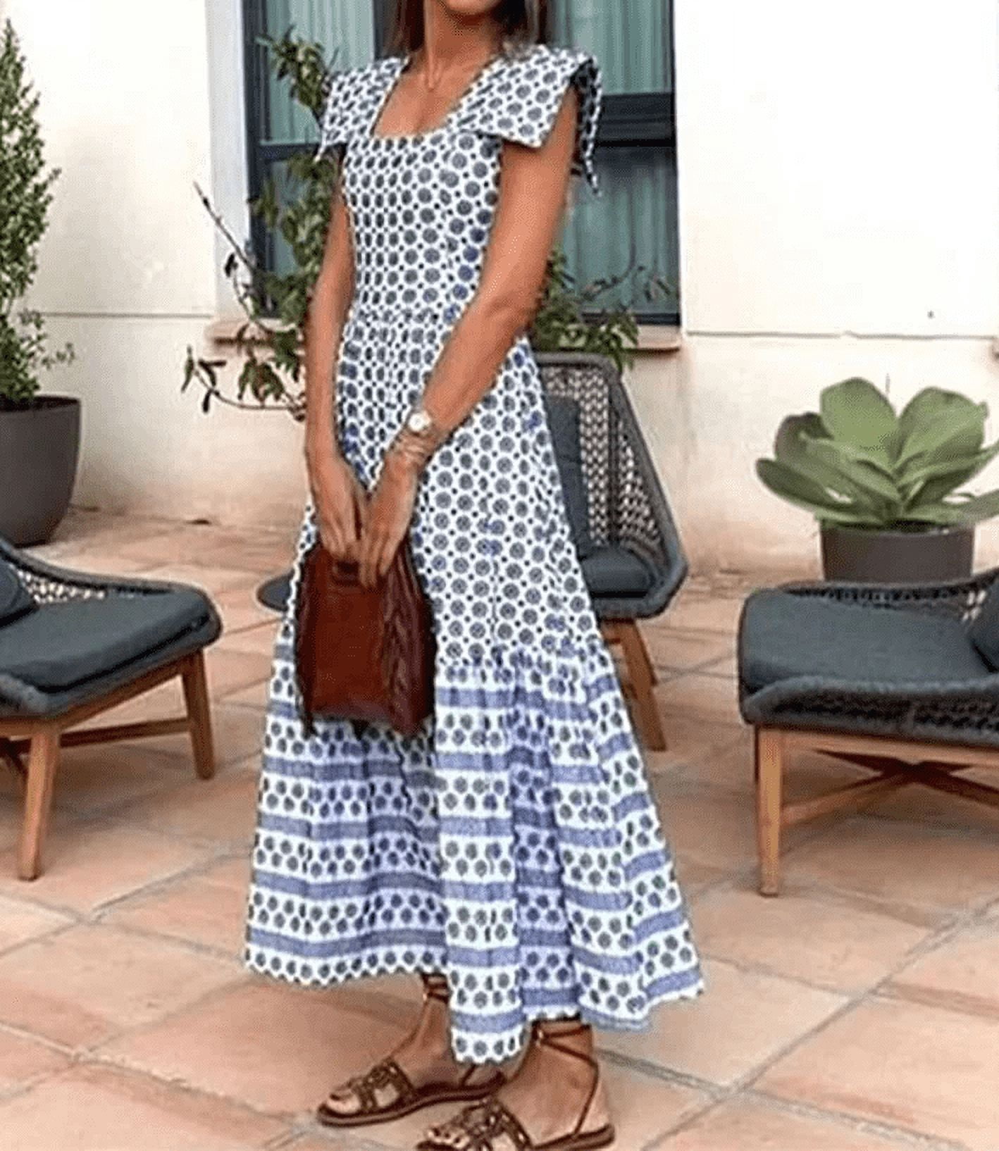 Square Collar Flying Shoulder Sleeve Print Midi Dress For Women Fashion ...
