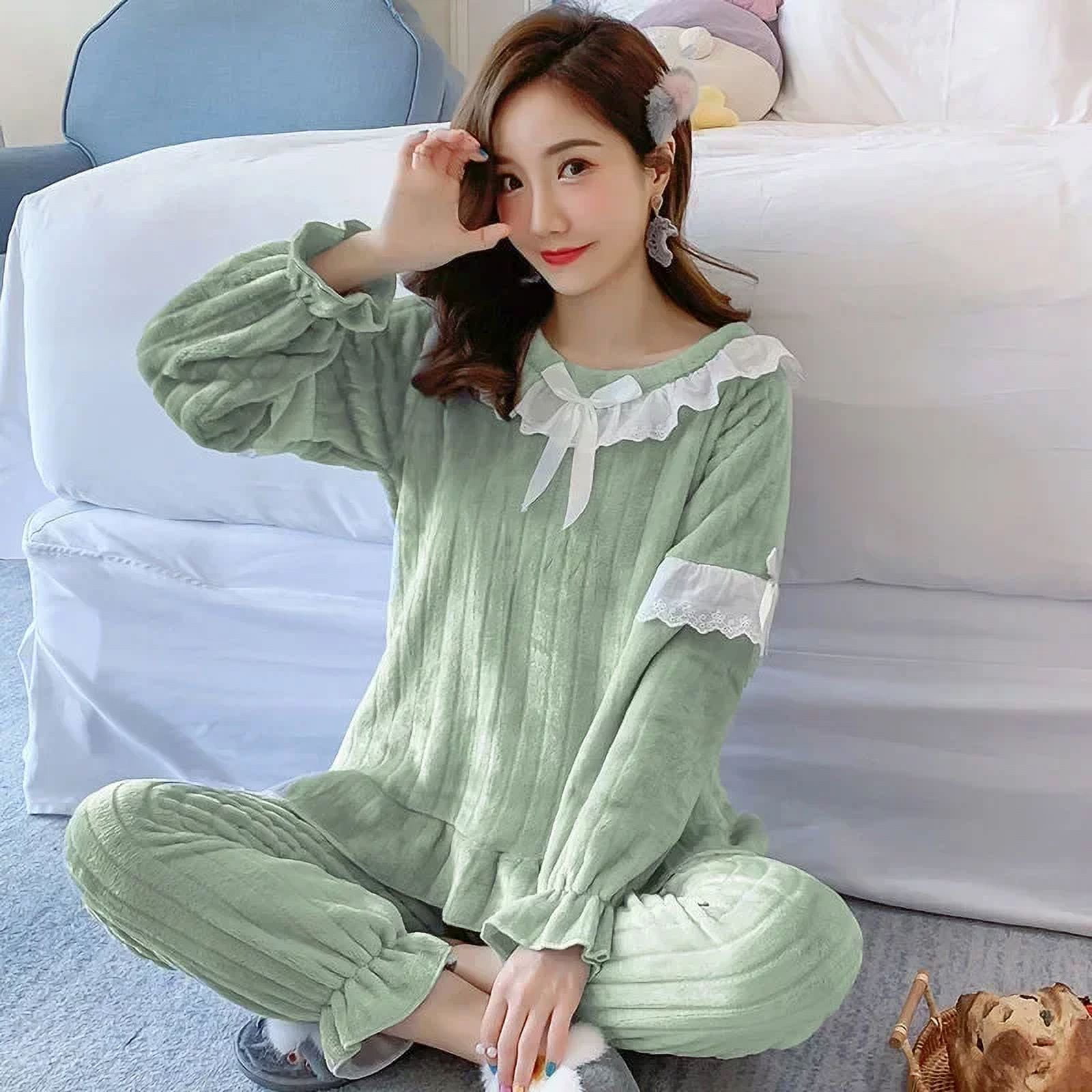 Square Collar Women Pajamas Set Winter Warm Sleepwear Fleece Velvet 2 ...