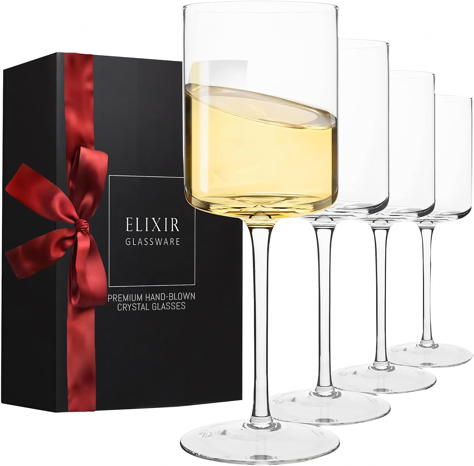 Square Crystal Wine Glasses Set of 4, 14 oz Large Stemmed Glasses for Red and White Wine ...