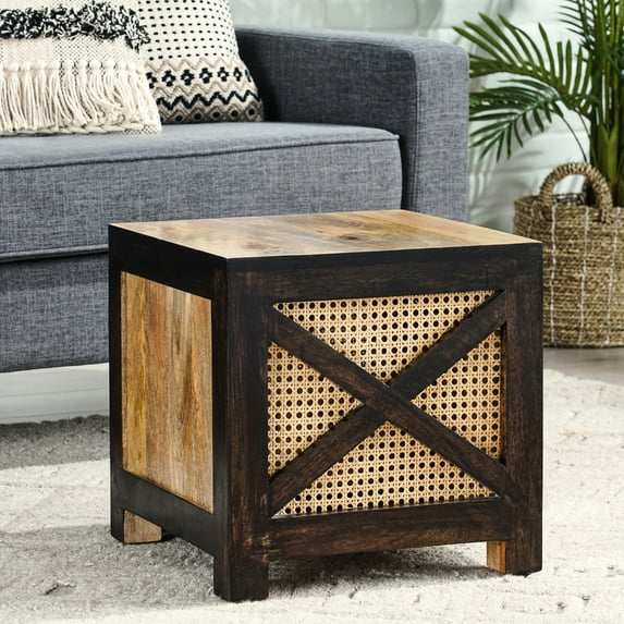 Square Cube Mango Wood and Cane Stool - Provide Versatile Function for ...
