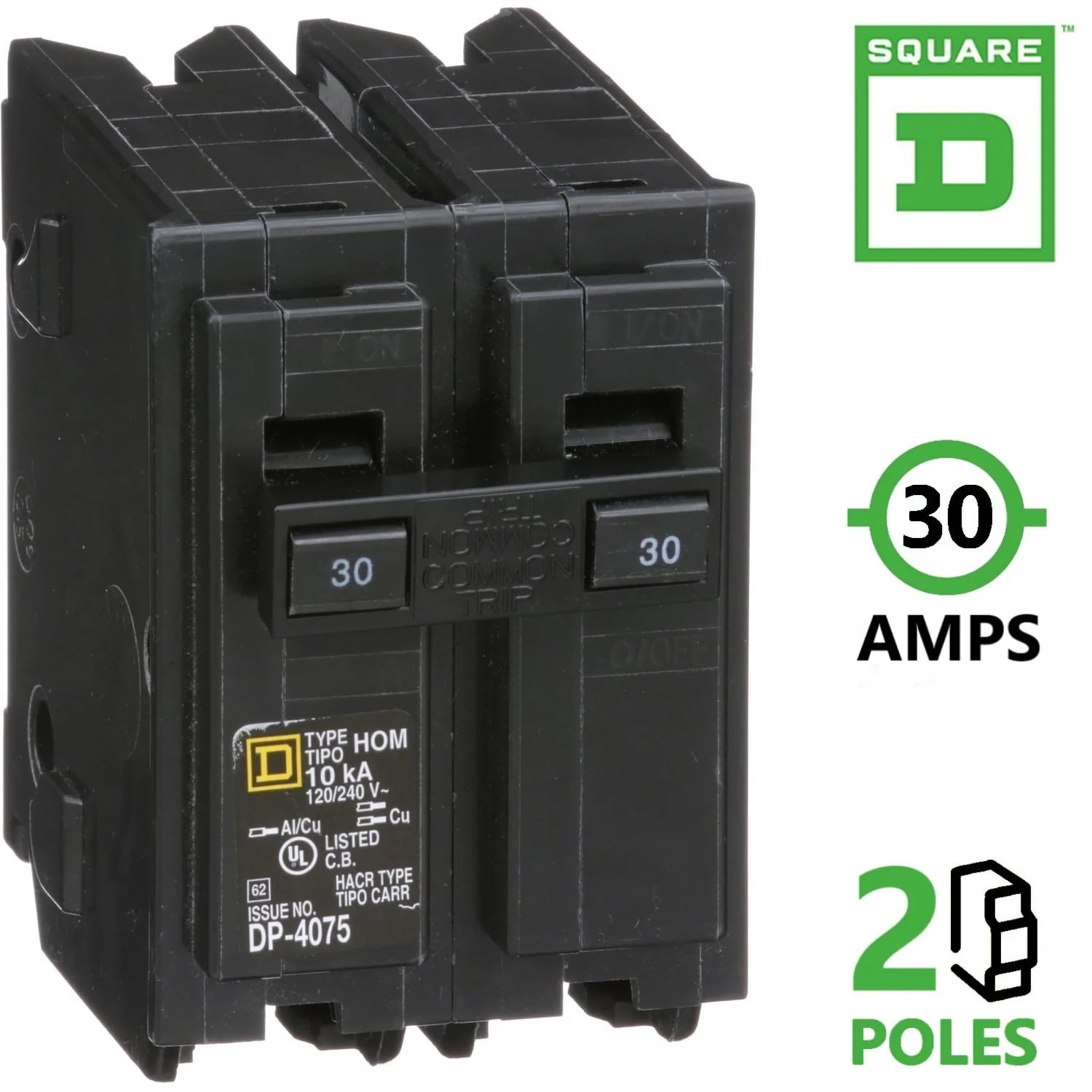 Square D 30 Amp Circuit Breaker, Homeline, 2 Pole, Plug In, 120/240VAC ...